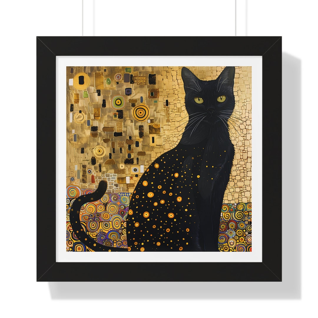 Black Cat Kitty on a Framed Vertical Poster, 16 Inches X 16 Inches, Art Nouveau, Gustav Klimt ...