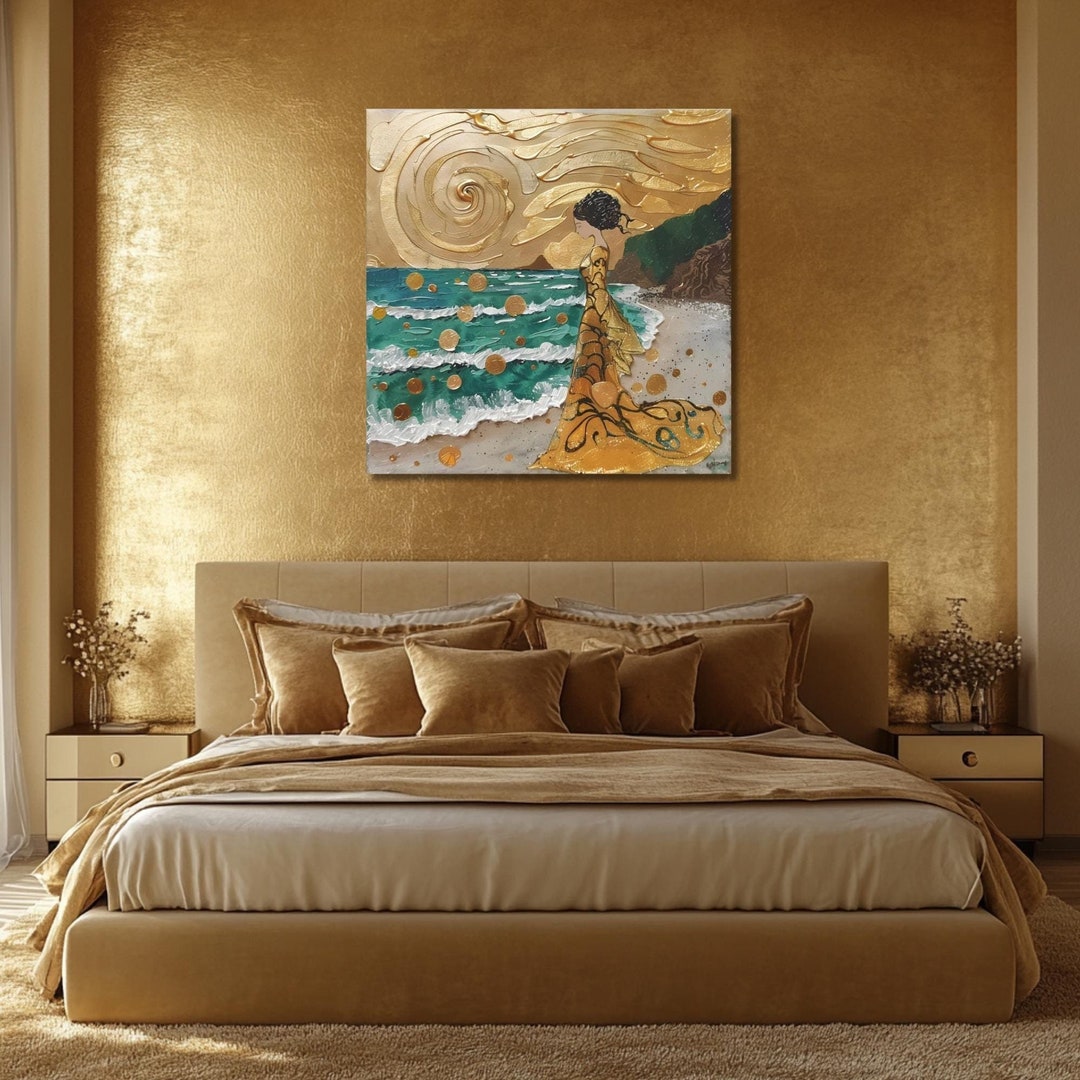 Klimt Style Woman on Beach Canvas Print: Art Nouveau Gold Sunset ...