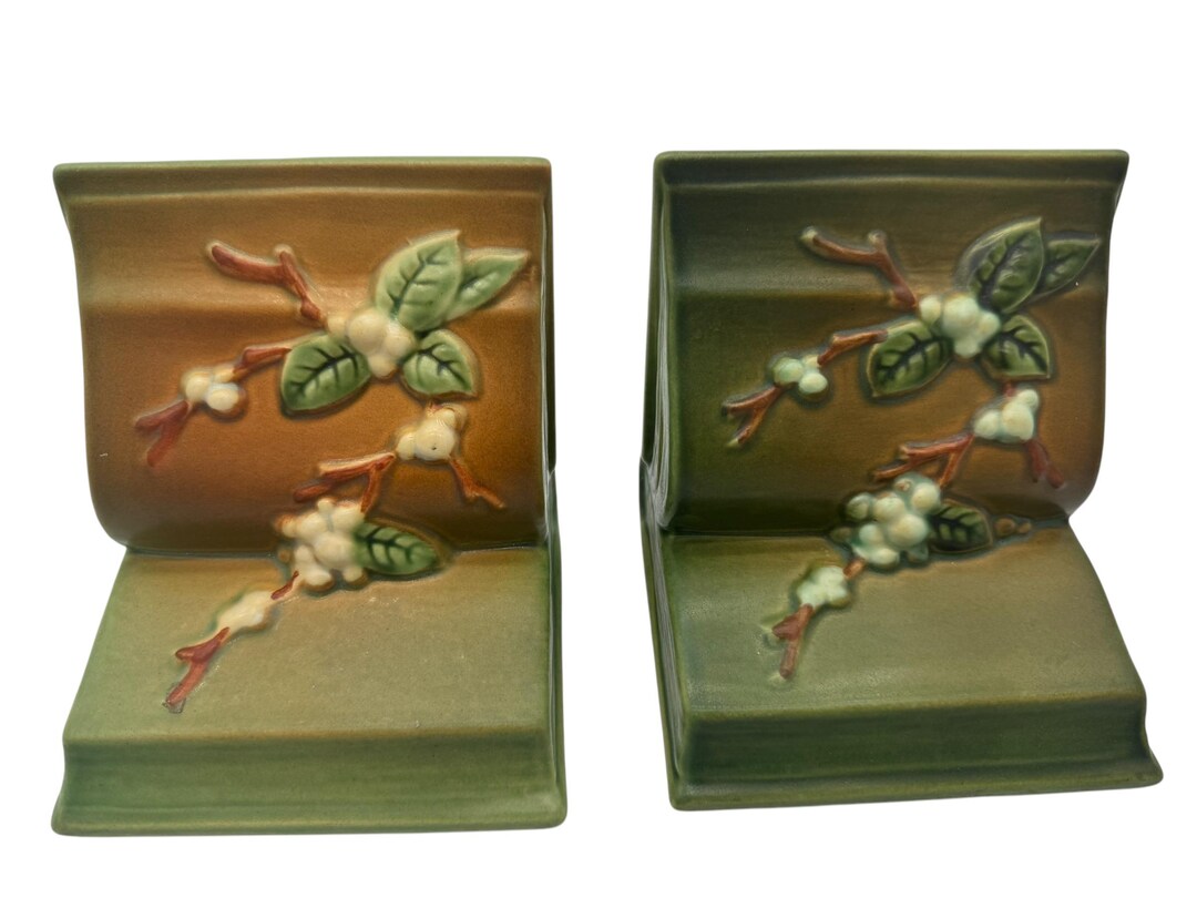 Vintage Roseville Pottery Snowberry Bookends – Green and Brown Floral ...