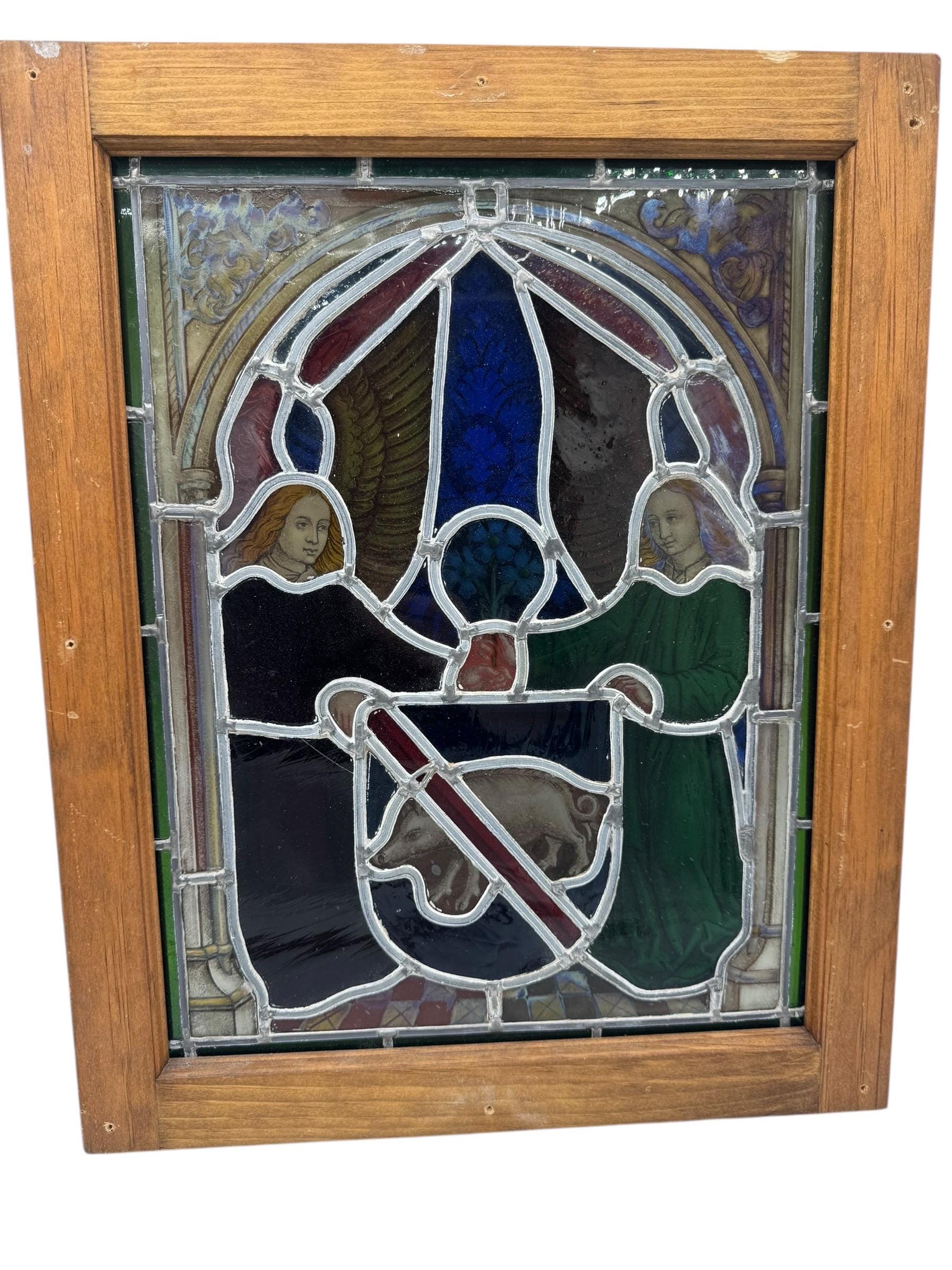 Rare Heraldic Stained Glass Panel – Hand-painted Angels With Boar Crest ...