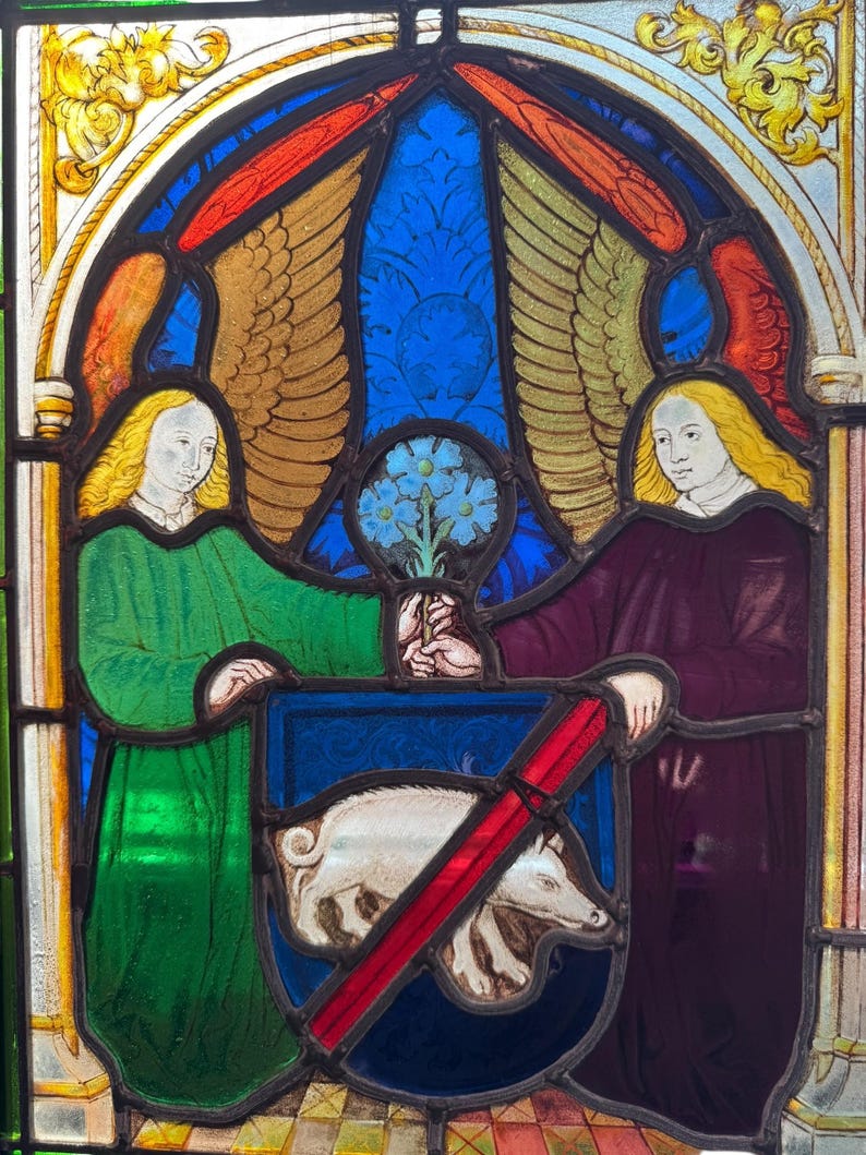 Rare Heraldic Stained Glass Panel – Hand-painted Angels With Boar Crest ...