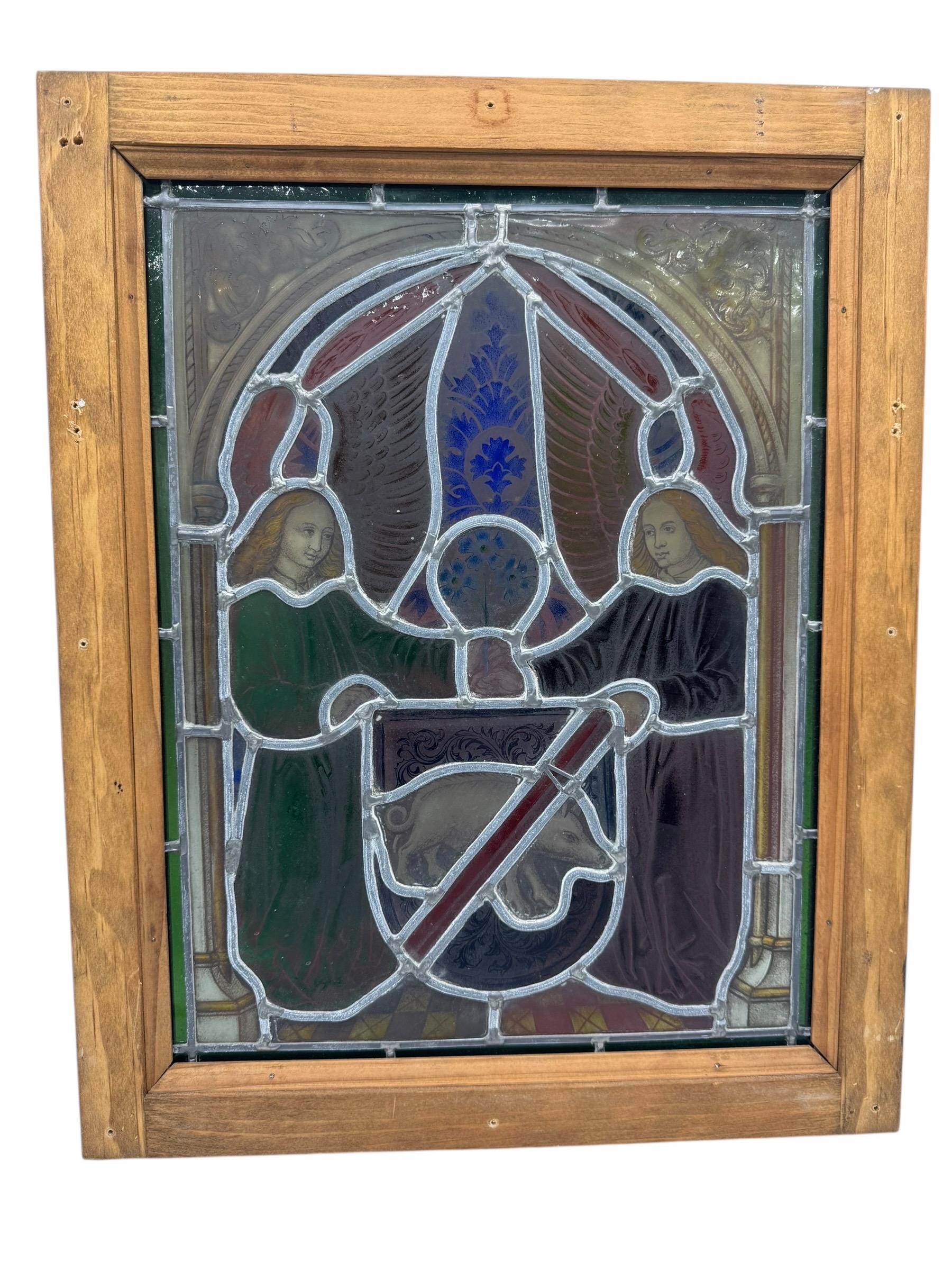 Rare Heraldic Stained Glass Panel – Hand-painted Angels With Boar Crest ...