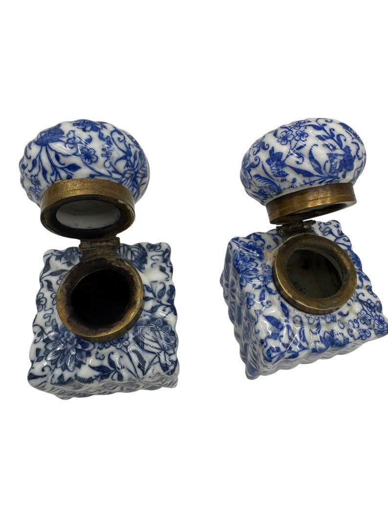 Antique Blue & White Porcelain Inkwell Pair With Gilt Brass Mounts ...