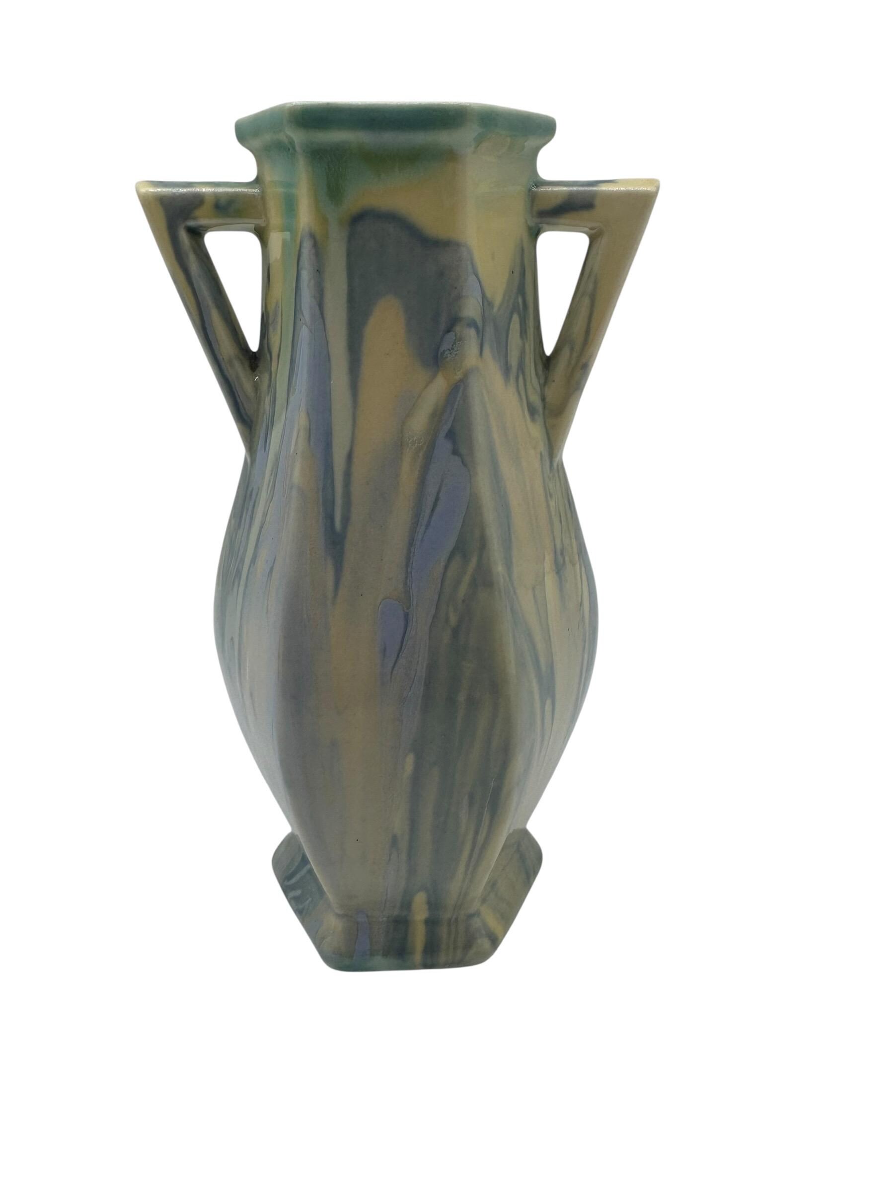 Antique Mueller Art Pottery Hexagonal Vase With Swirl Glaze & Angular ...