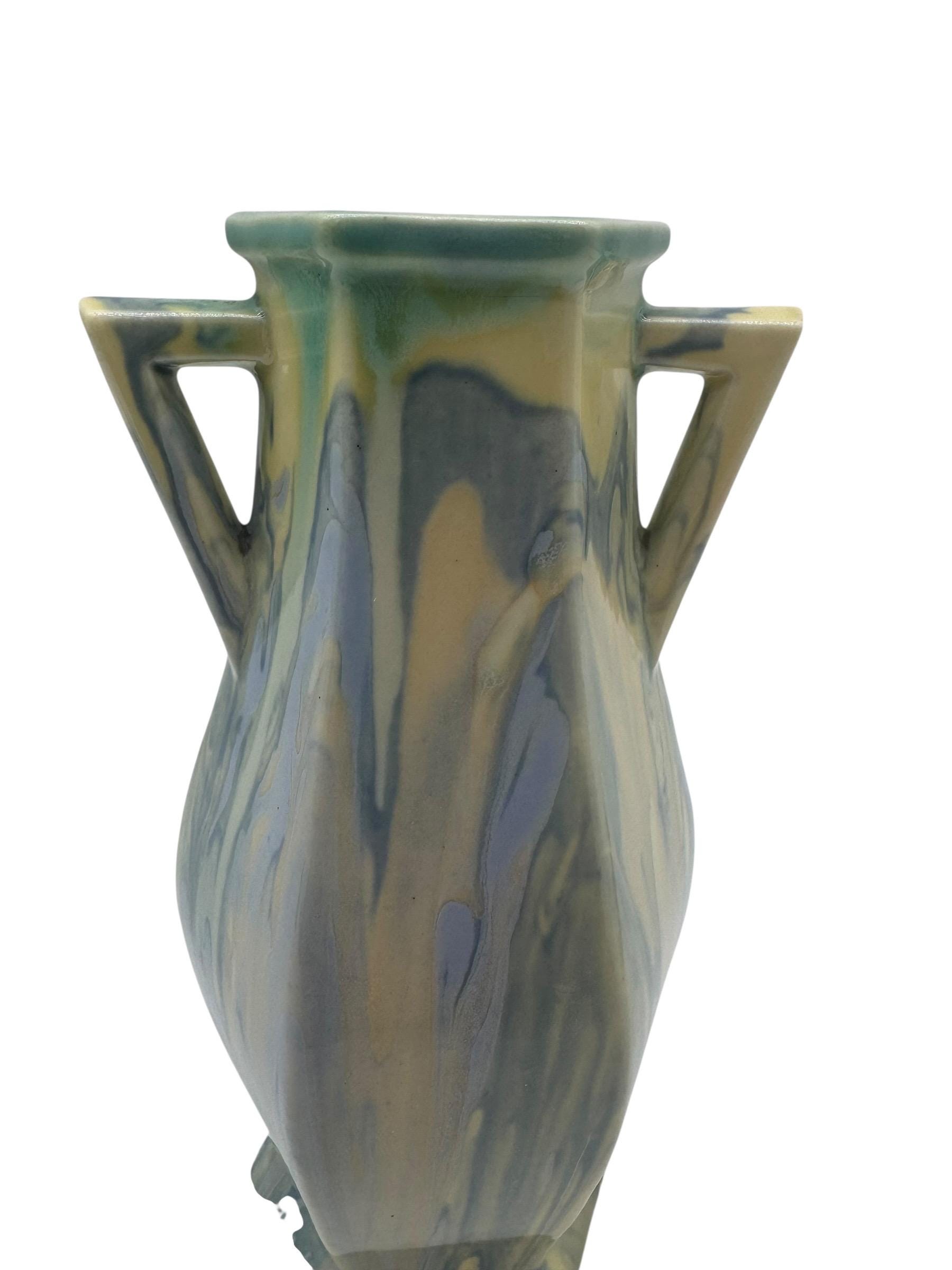 Antique Mueller Art Pottery Hexagonal Vase With Swirl Glaze & Angular ...
