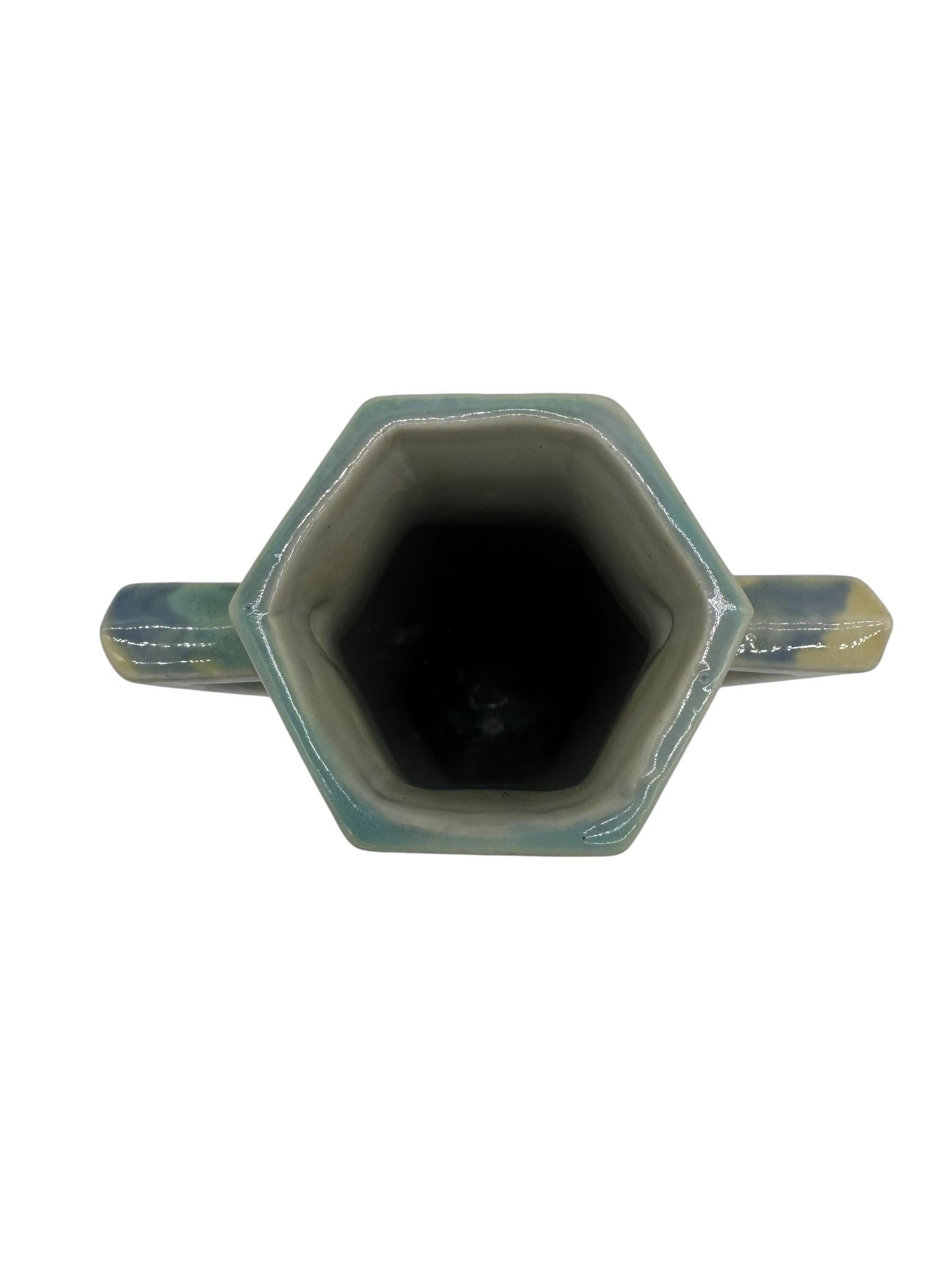 Antique Mueller Art Pottery Hexagonal Vase With Swirl Glaze & Angular ...