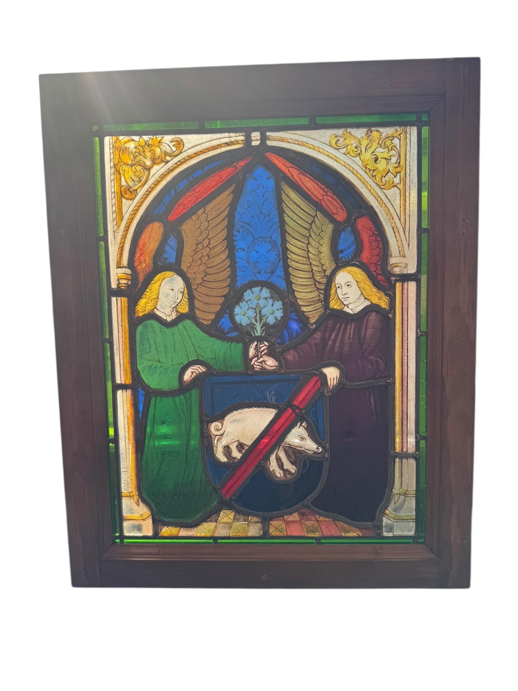 Rare Heraldic Stained Glass Panel – Hand-painted Angels With Boar Crest ...