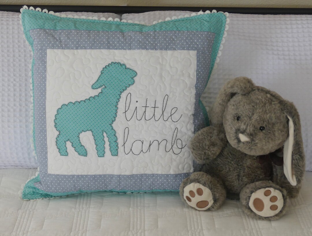 Quilted Pillow, Little Lamb, Applique, Hand Embroidery, Teal, Gray - Etsy