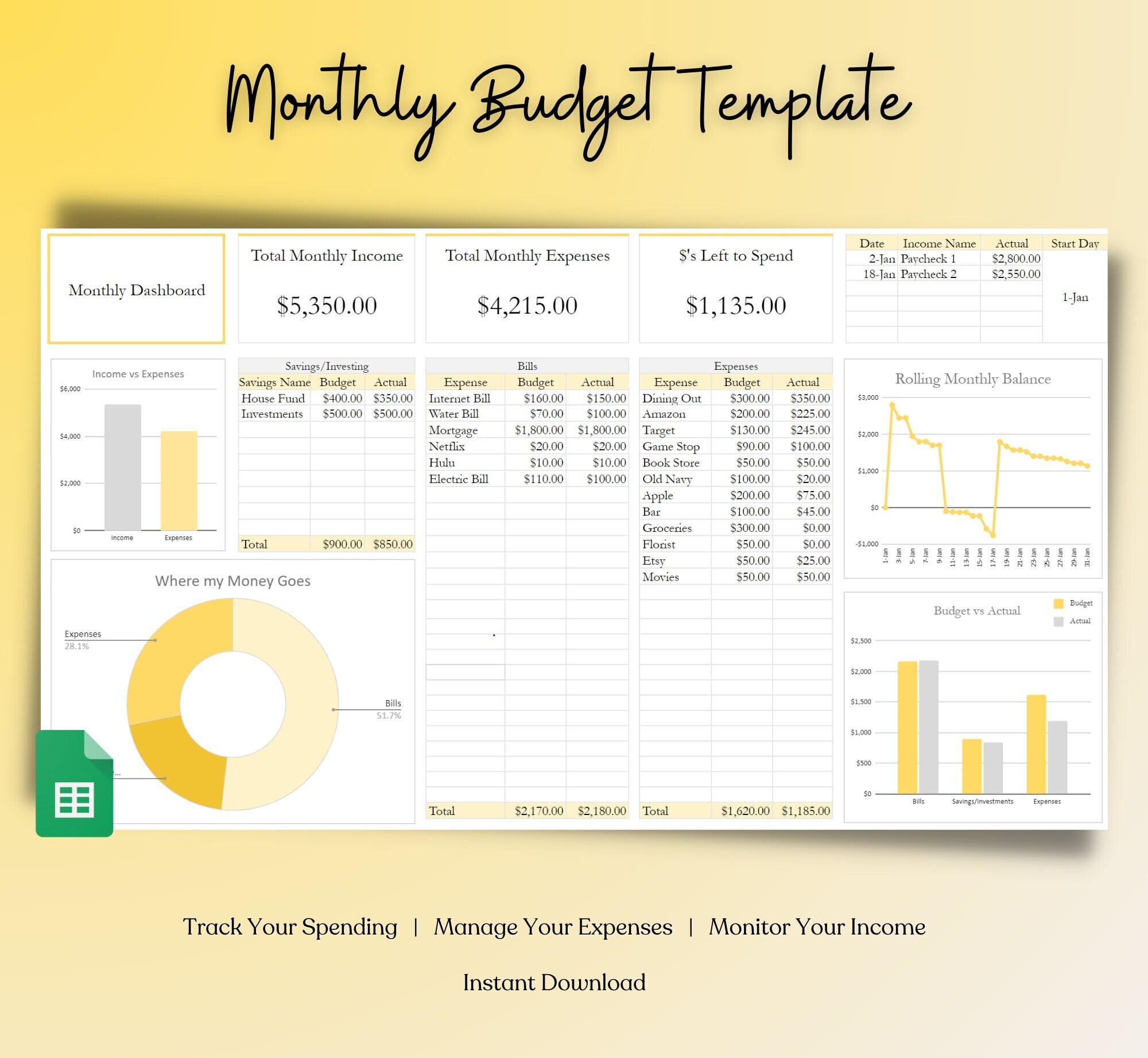 Monthly Budget Tracker, Personal Finance, Budget Template, Google ...