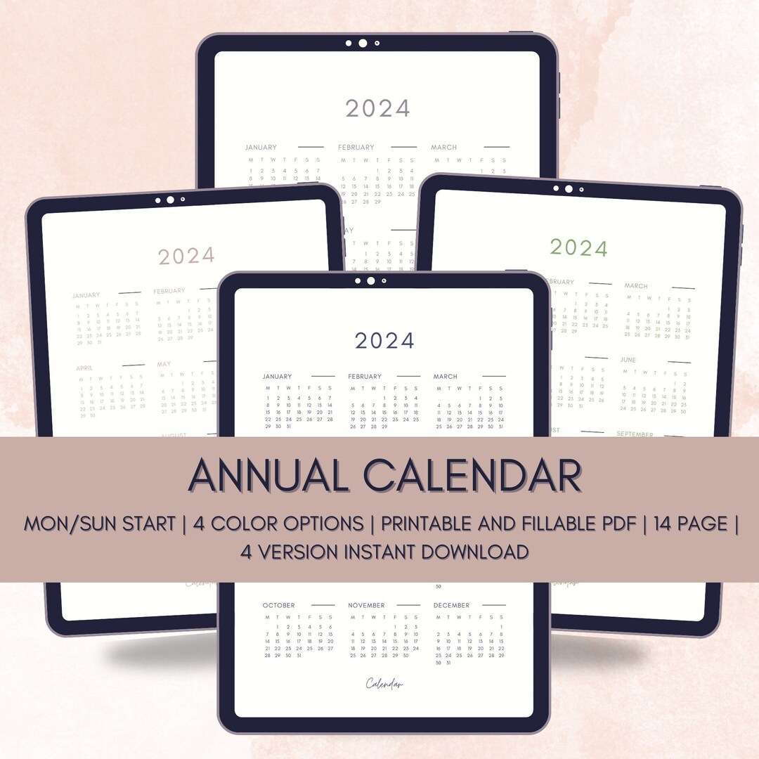 Annual Calendar Planner 2024 Organizer Digital Template Monthly Tracker ...