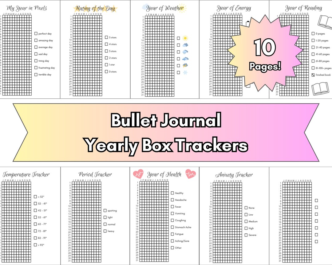 Yearly Bullet Journal Box Trackers Printable Pdf Template Tracker ...