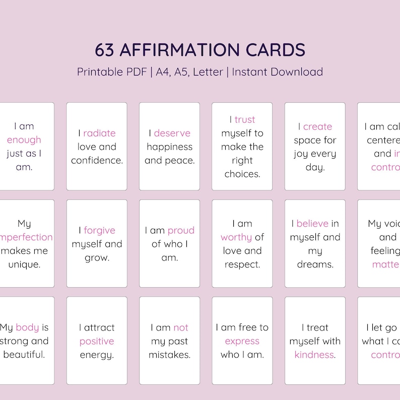 63 Affirmation Cards Printable, Affirmation Cards Digital, Vision Board ...