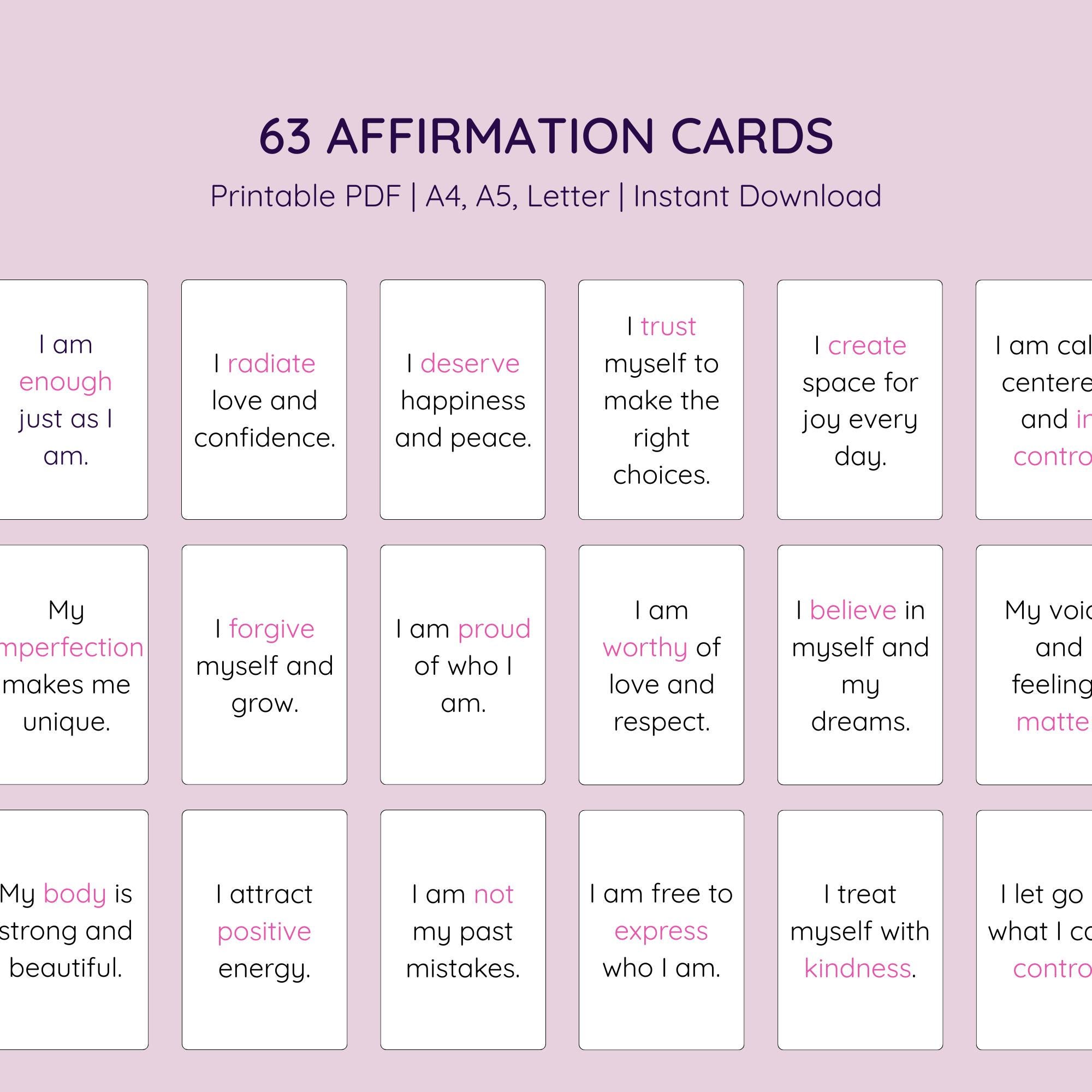 63 Affirmation Cards Printable, Affirmation Cards Digital, Vision Board ...