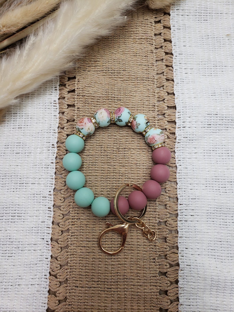 Rose Flower Wristlet Keychain Silicone Bangle Key Wristlet Boho Beaded ...