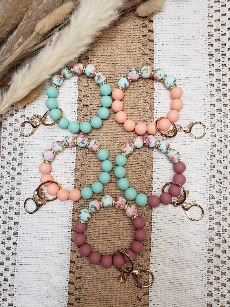 Rose Flower Wristlet Keychain Silicone Bangle Key Wristlet Boho Beaded ...