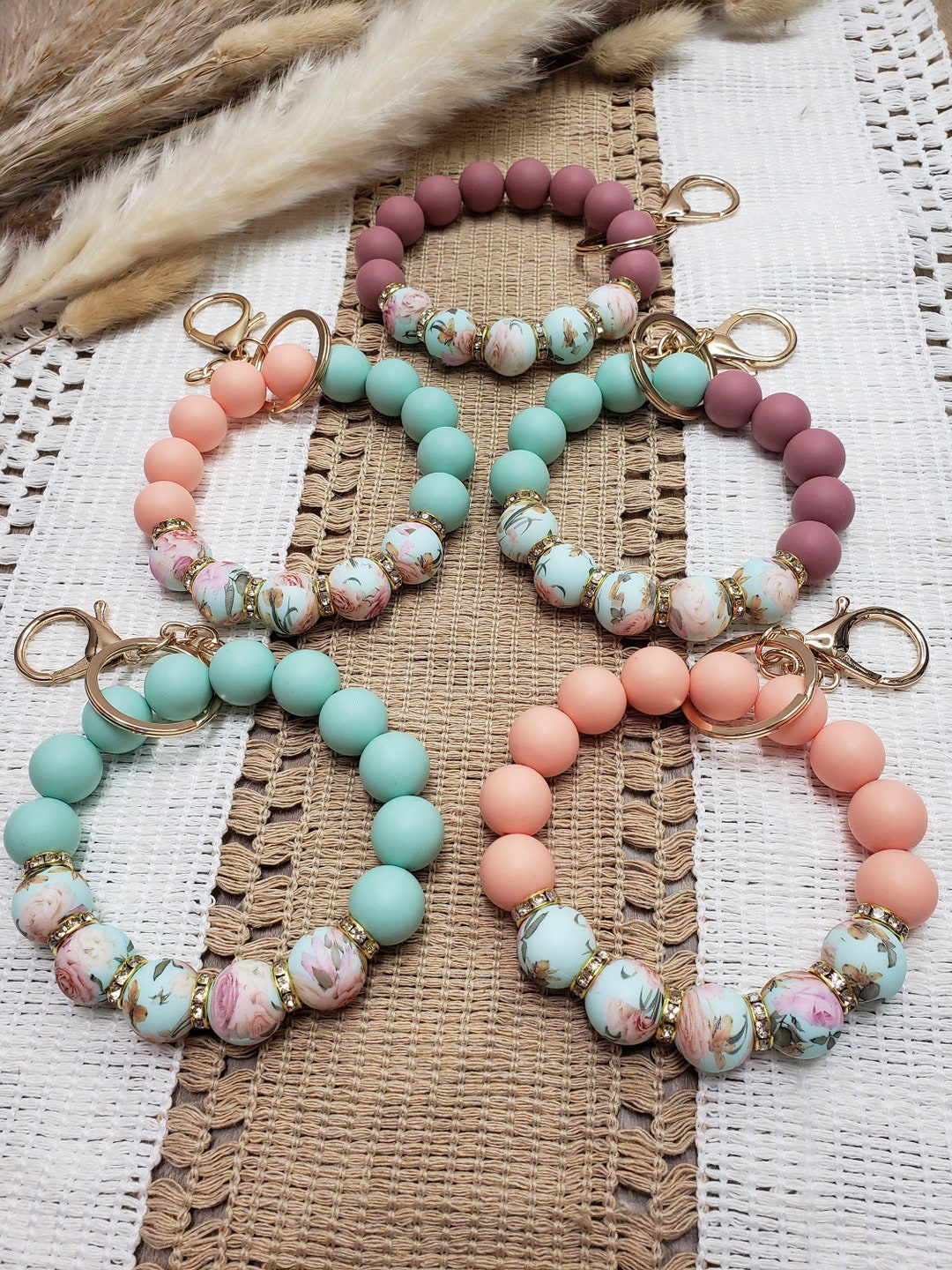 Floral Wristlet Keychain Silicone Key Chain Wristlet Beaded Flower Boho ...