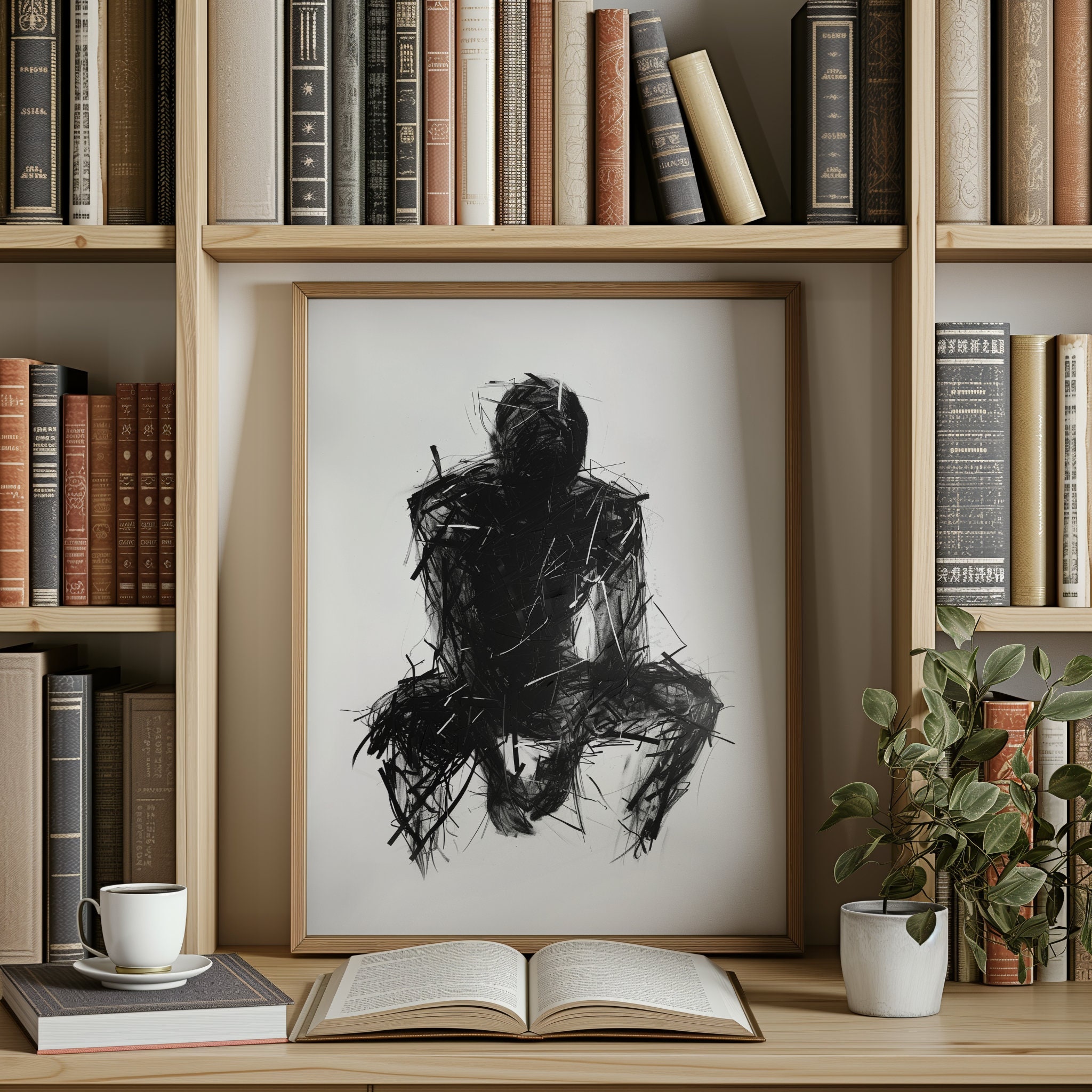 Printable Abstract Figure Charcoal and Tape Drawing, Digital Artwork ...