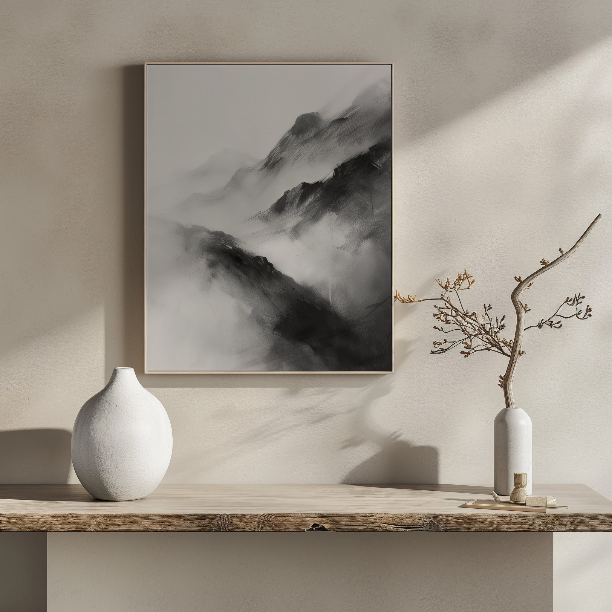 Printable Abstract Foggy Mountains Charcoal Drawing, Digital Artwork ...