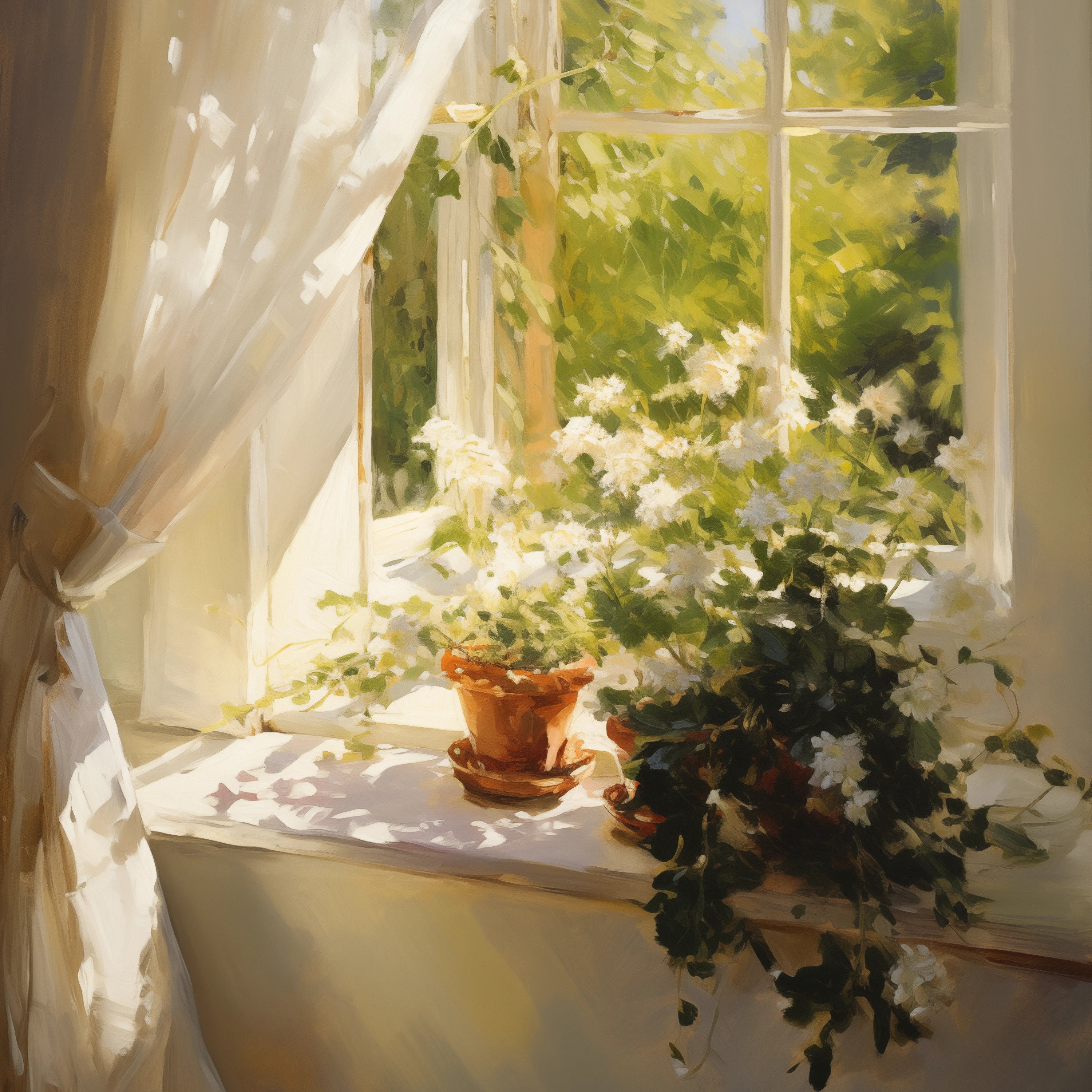 Printable White Flowers by a Window Oil Painting, Vertical Wall Art ...