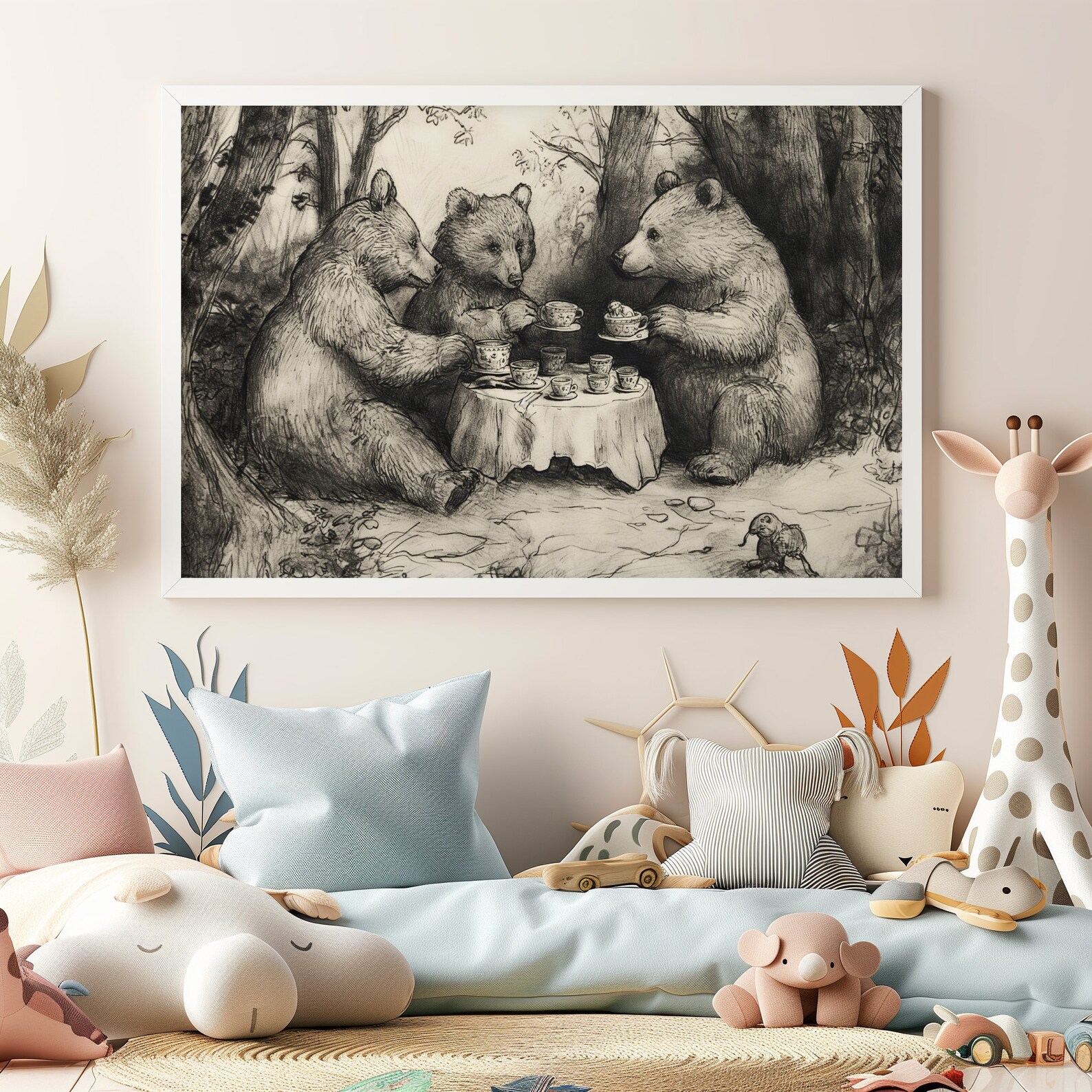 Printable Teddy Bear Tea Party Etch Drawing, Digital Artwork, Printable ...