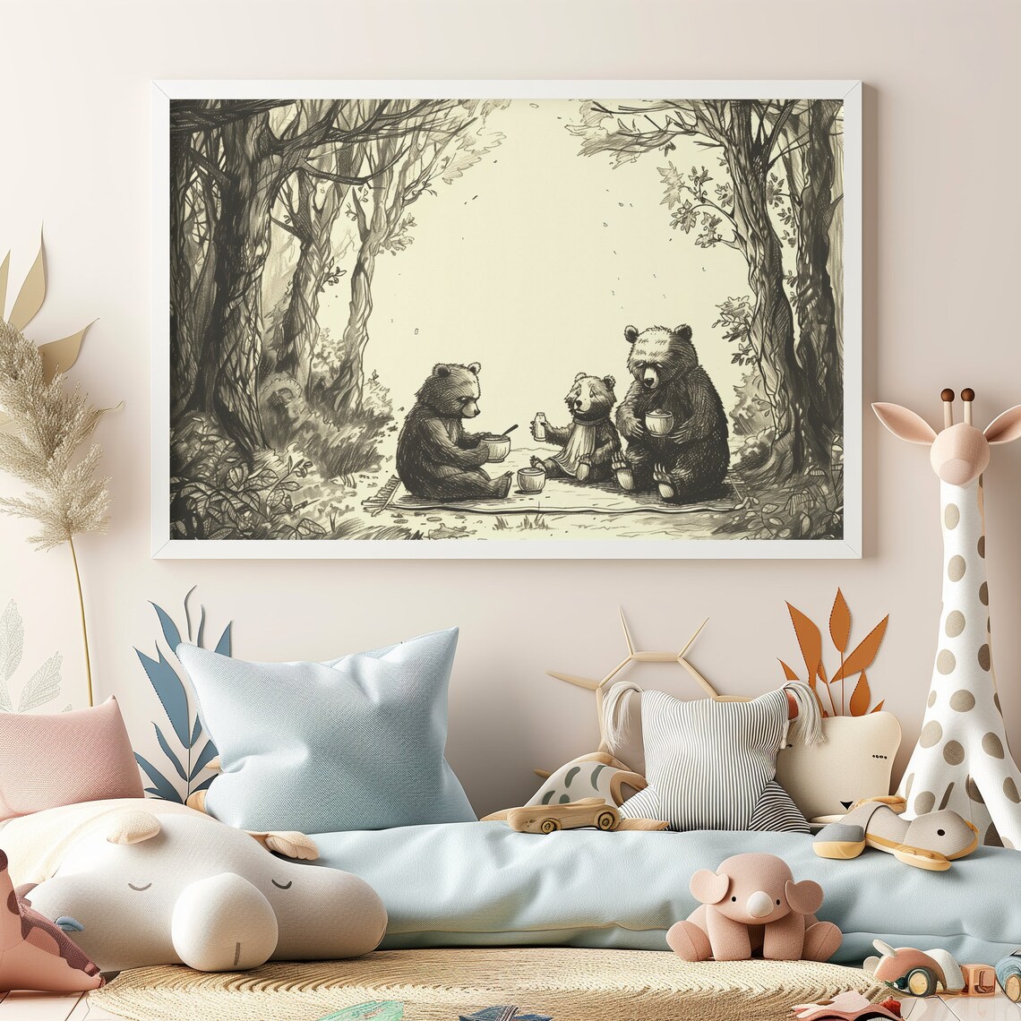 Printable Teddy Bear Picnic Etch Drawing, Digital Artwork, Printable Art, Etching, Black on ...