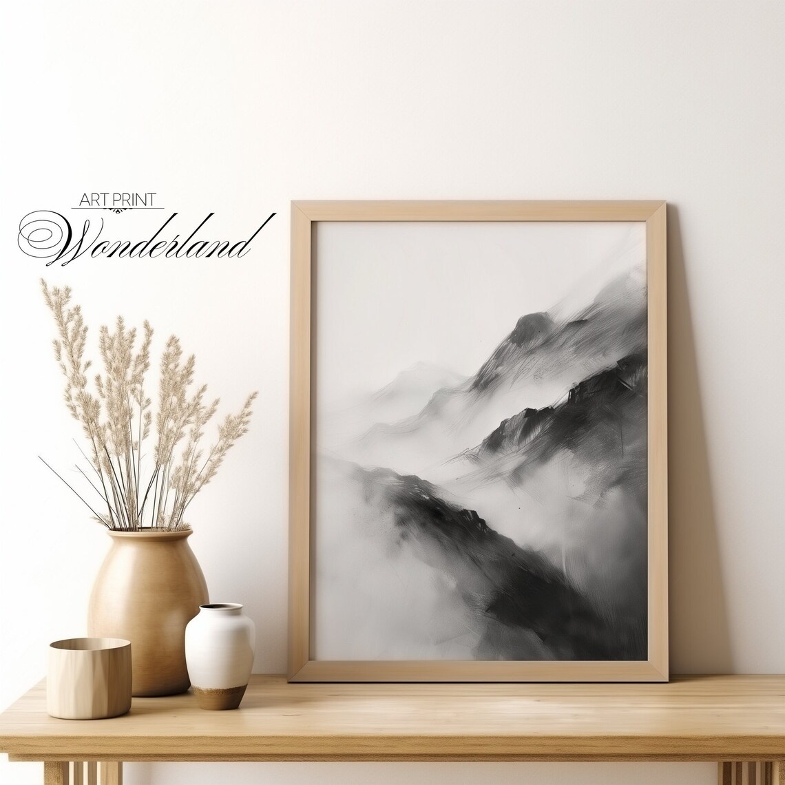 Printable Abstract Foggy Mountains Charcoal Drawing, Digital Artwork ...