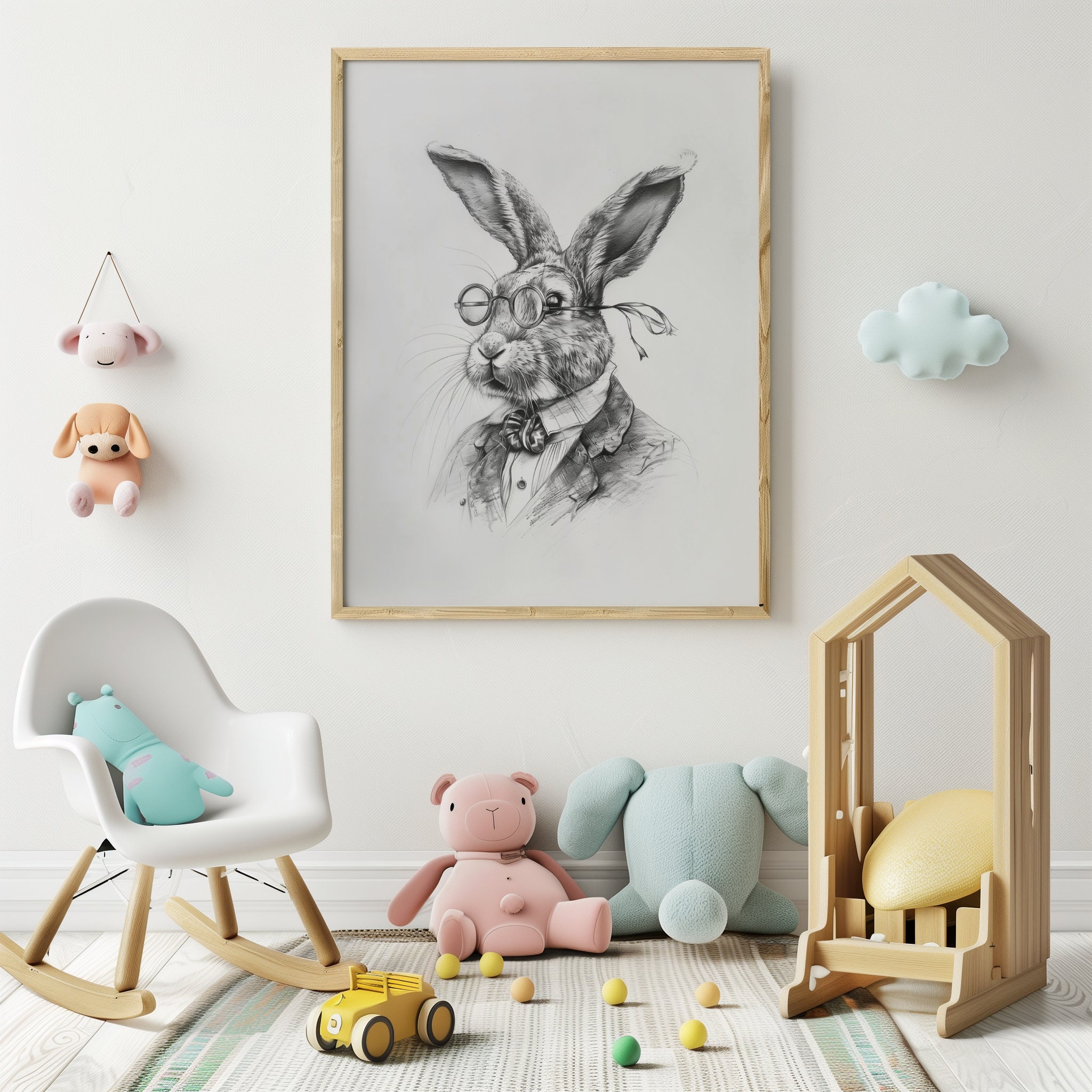 Printable Rabbit in Clothes Pencil Drawing, Digital Artwork, Printable ...