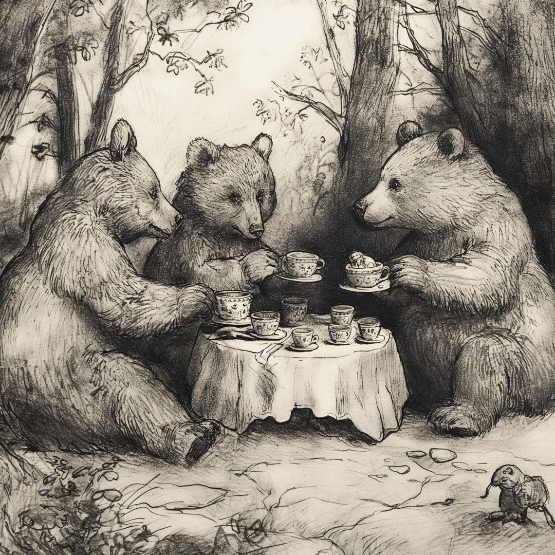Printable Teddy Bear Tea Party Etch Drawing, Digital Artwork, Printable ...