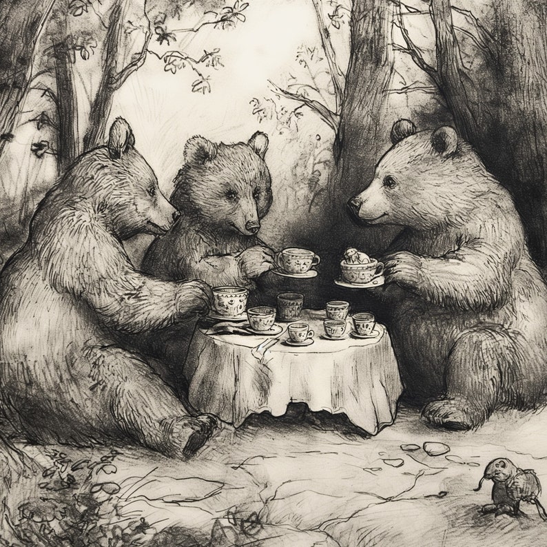 Printable Teddy Bear Tea Party Etch Drawing, Digital Artwork, Printable ...