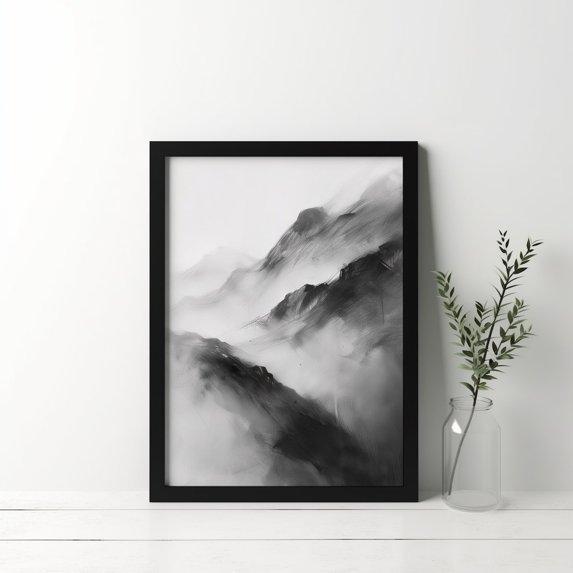 Printable Abstract Foggy Mountains Charcoal Drawing, Digital Artwork ...