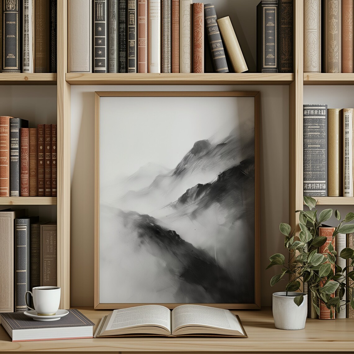 Printable Abstract Foggy Mountains Charcoal Drawing, Digital Artwork ...
