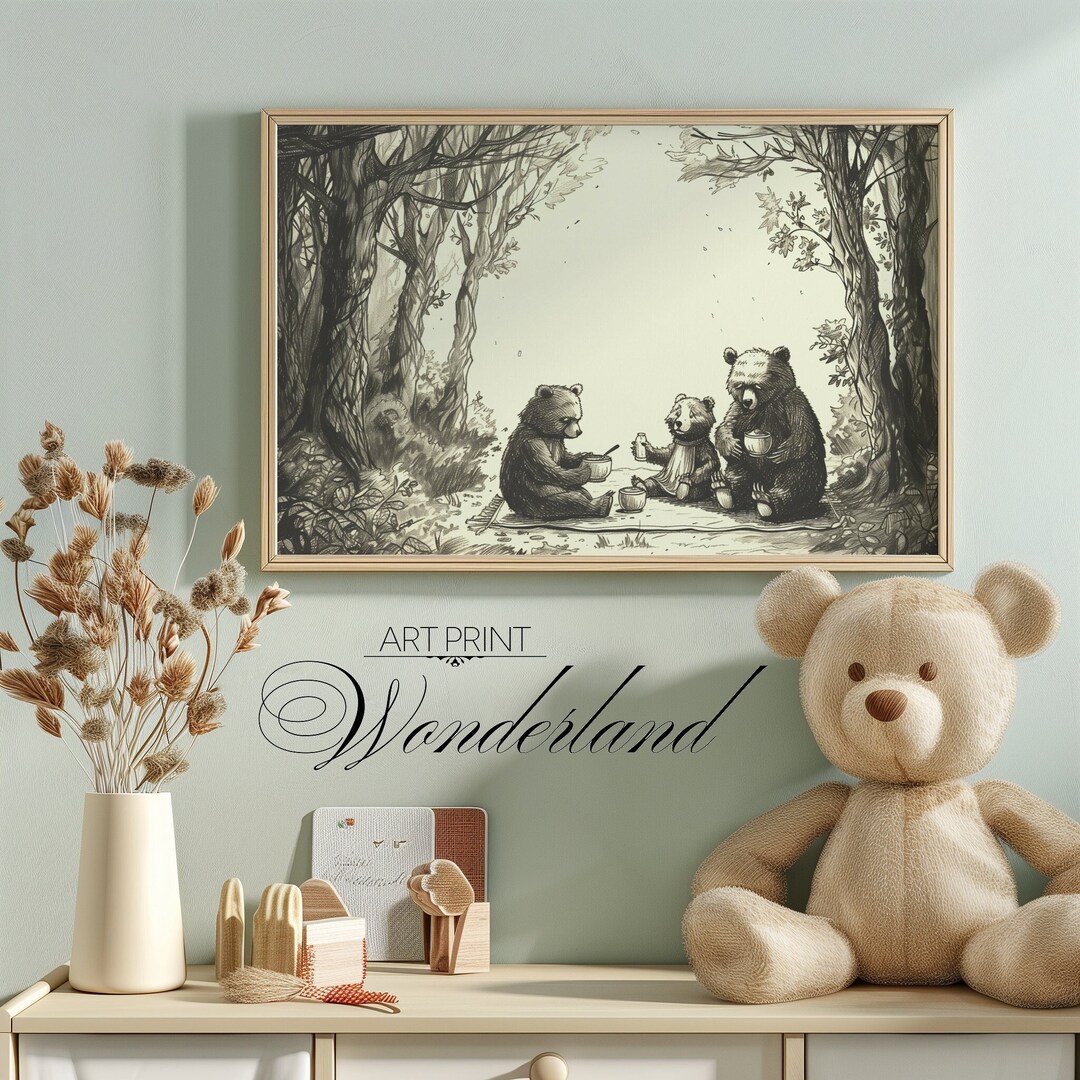 Printable Teddy Bear Picnic Etch Drawing, Digital Artwork, Printable Art, Etching, Black on ...