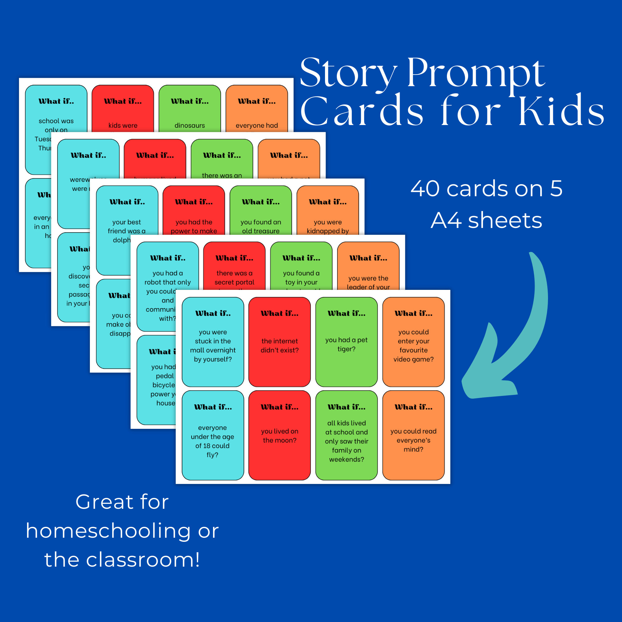 Story Prompt Cards for Kids - 40 Writing Prompts, What If? Cards ...