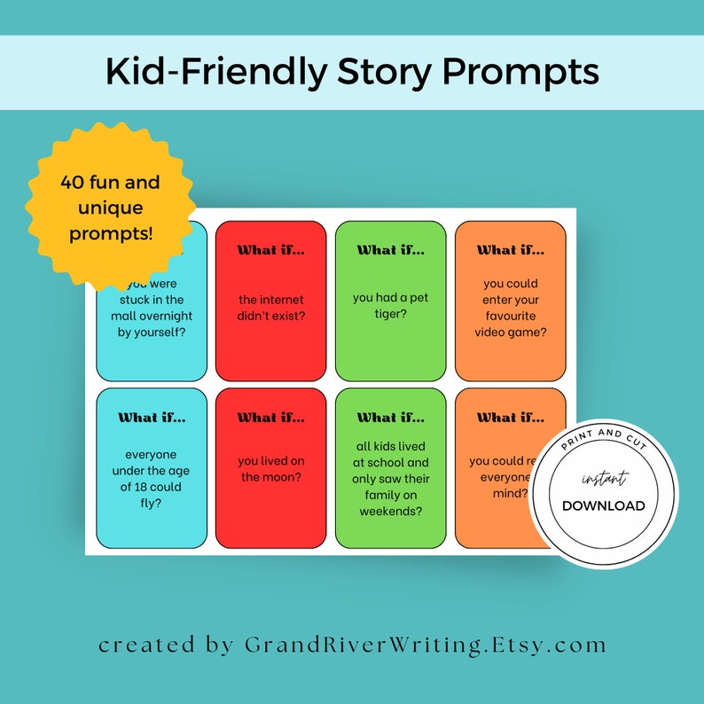 Story Prompt Cards for Kids - 40 Writing Prompts, What If? Cards ...