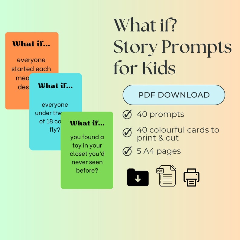 Story Prompt Cards for Kids - 40 Writing Prompts, What If? Cards ...