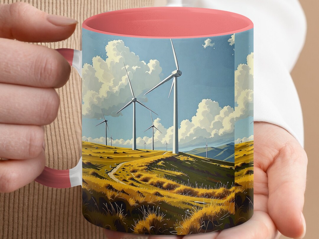 Wind Turbine Landscape Art Mug, Renewable Energy Coffee Cup ...