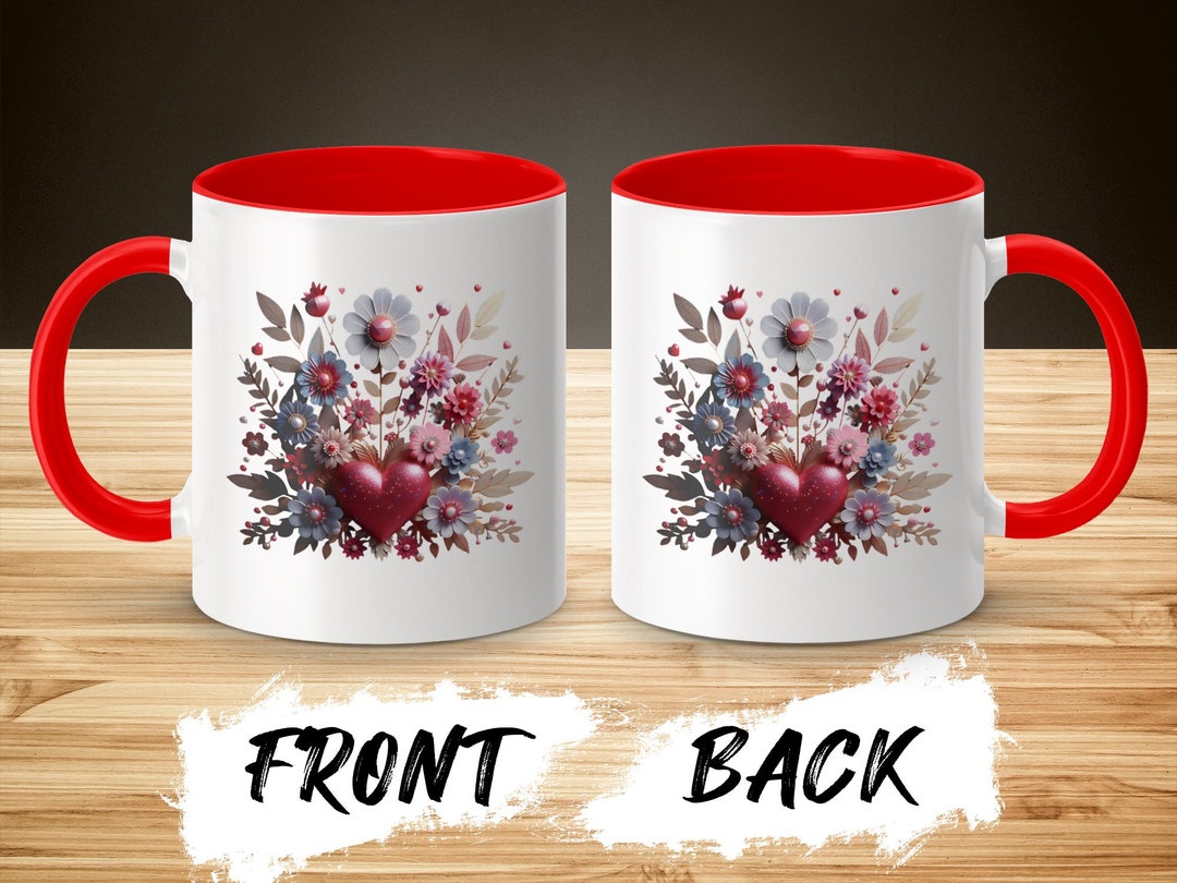 Heart and Floral Art Mug, Unique Coffee Mug, Gift for Her, Flower ...