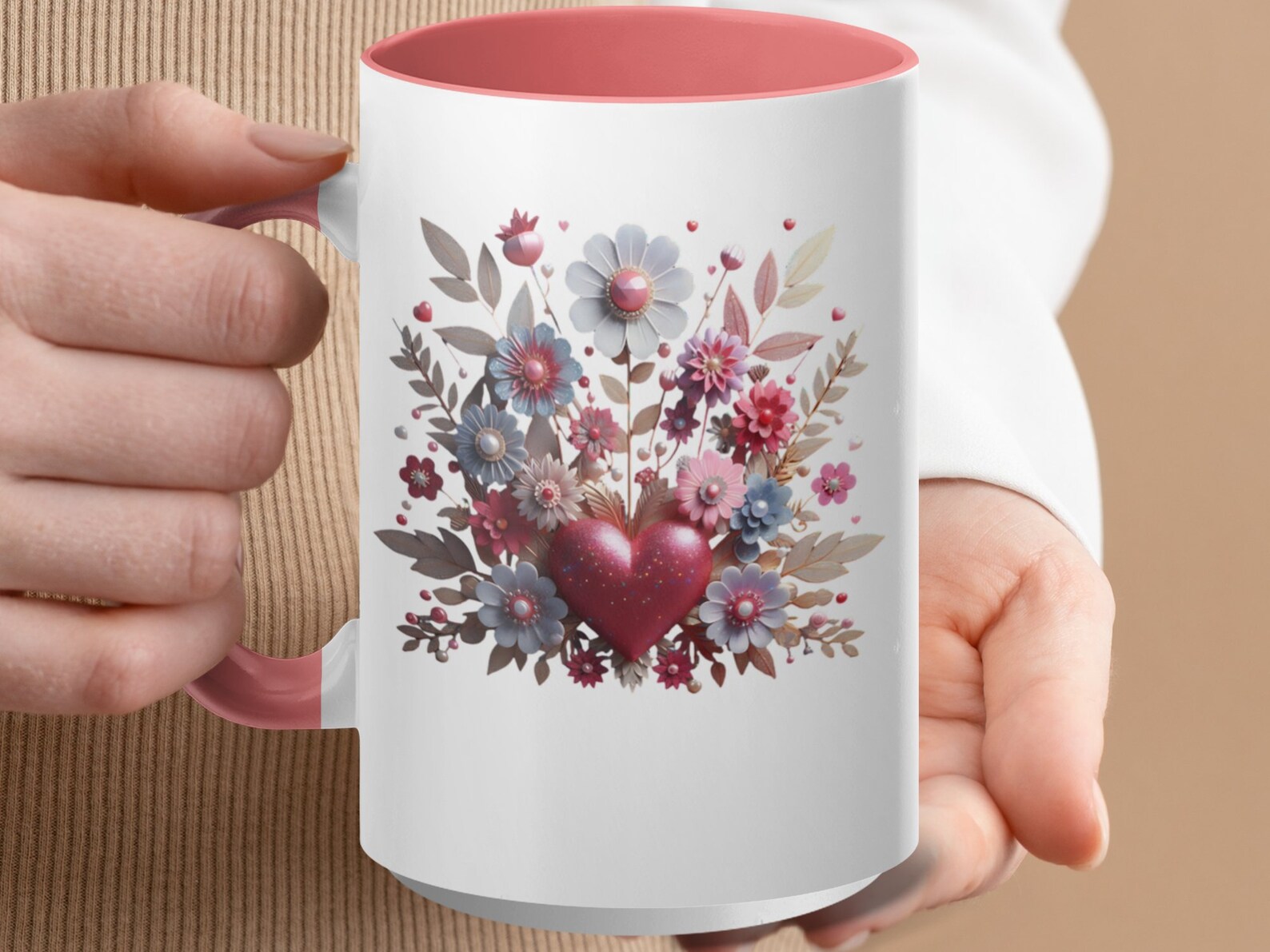Heart and Floral Art Mug, Unique Coffee Mug, Gift for Her, Flower ...