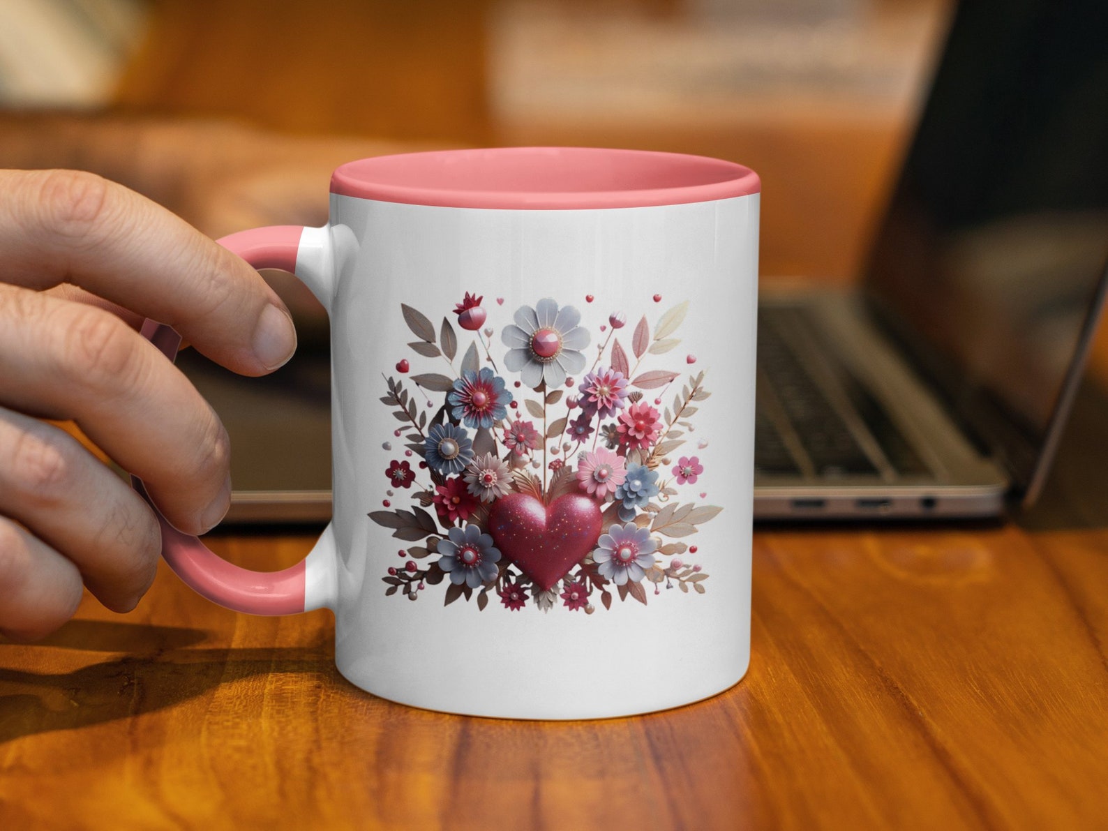 Heart and Floral Art Mug, Unique Coffee Mug, Gift for Her, Flower ...