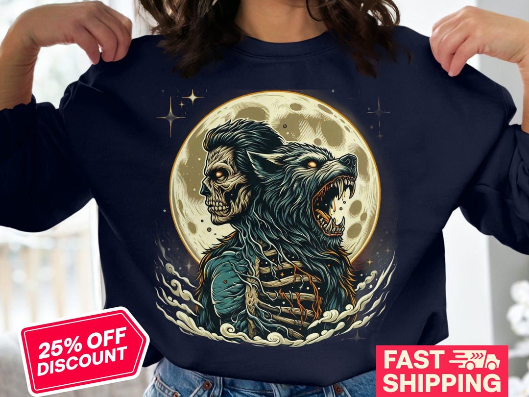 Gothic Werewolf Skeleton Hybrid Shirt, Full Moon Horror Art T-shirt ...