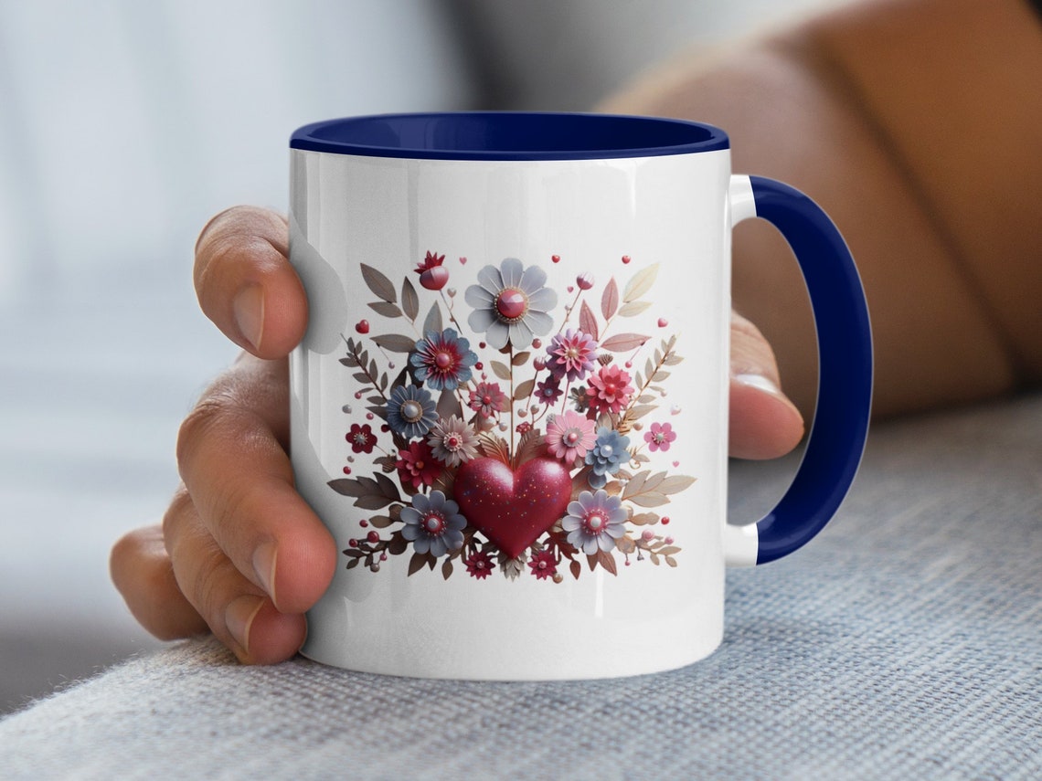 Heart and Floral Art Mug, Unique Coffee Mug, Gift for Her, Flower ...