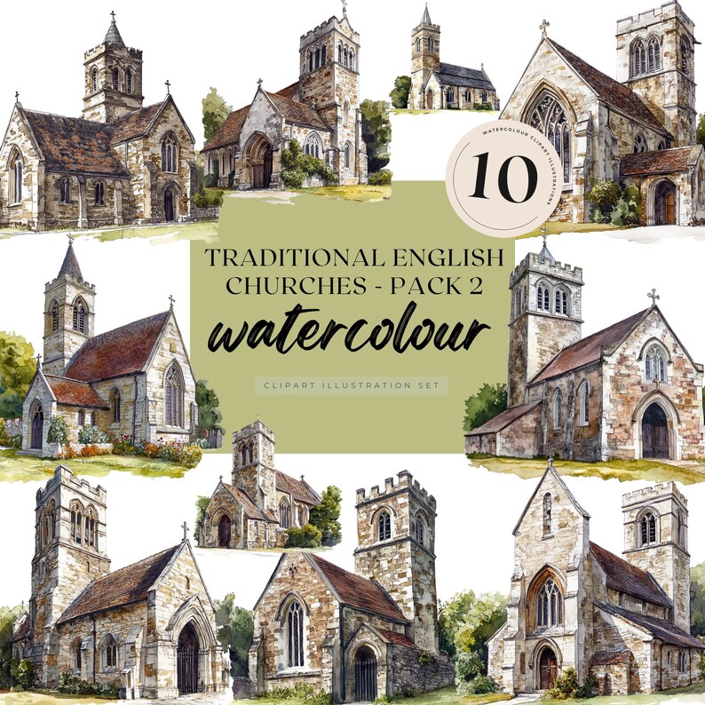 Traditional English Churches - Pack 2, Watercolour Clipart (set of 10 ...