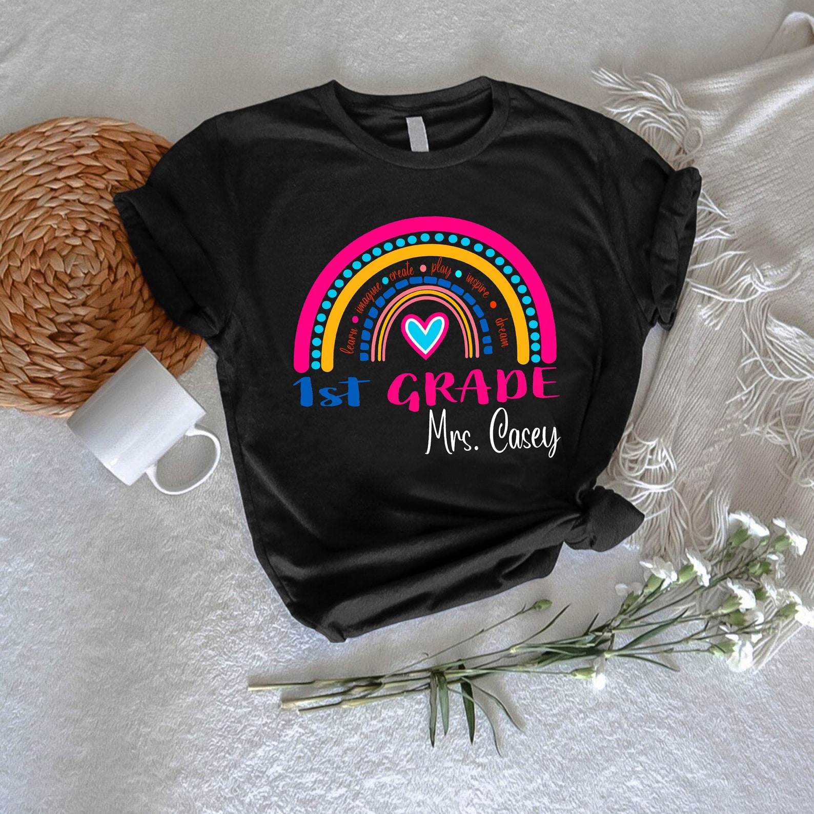 Custom First Grade Teacher Tshirt, Rainbow 1st Grade Teacher Gift Shirt ...