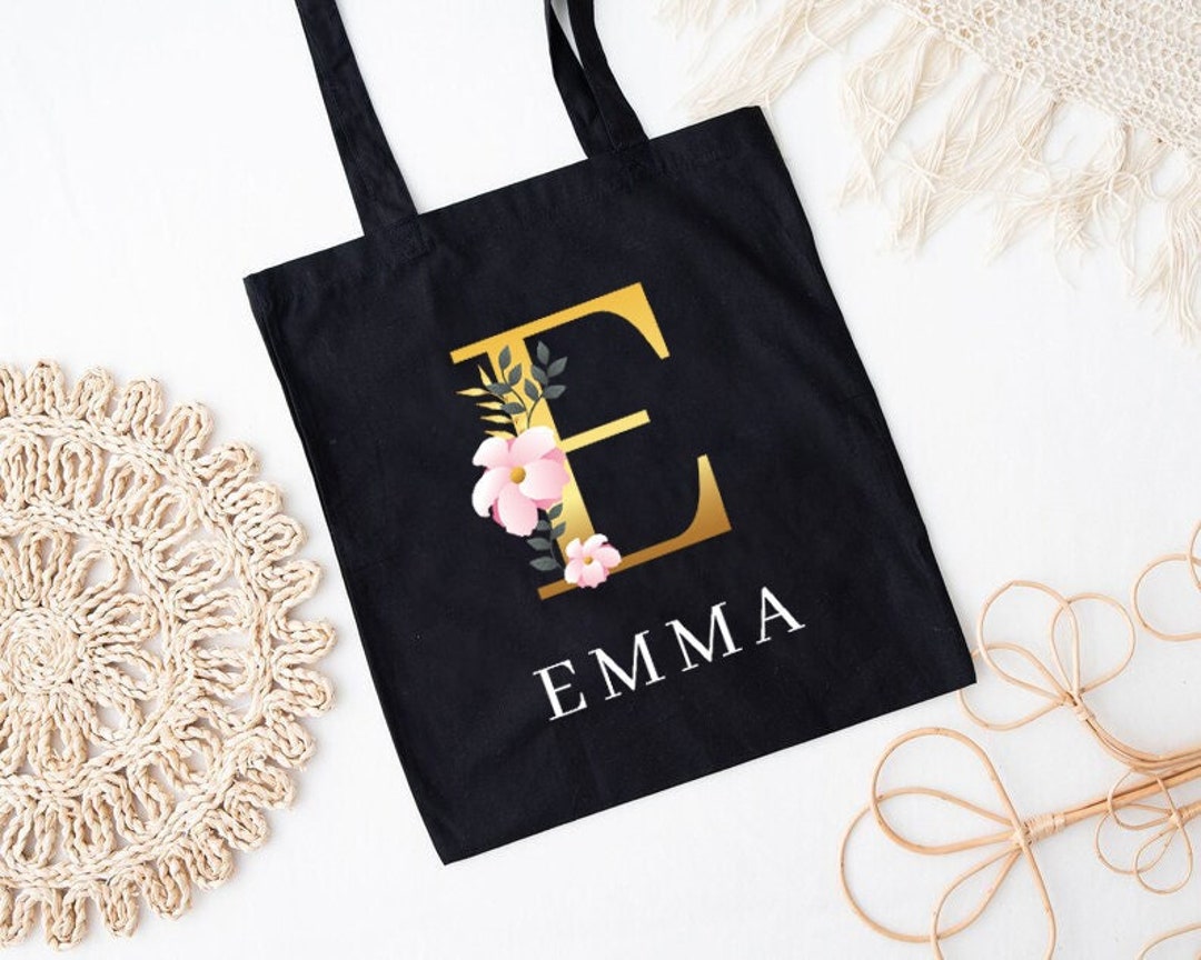 Custom Floral Name Tote Bag, Personalized Flower Initial Shoulder Bag ...