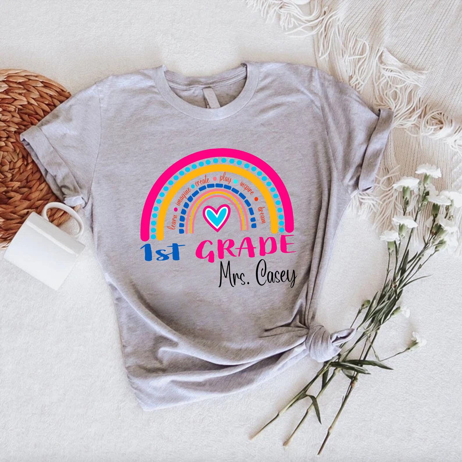 Custom First Grade Teacher Tshirt, Rainbow 1st Grade Teacher Gift Shirt ...
