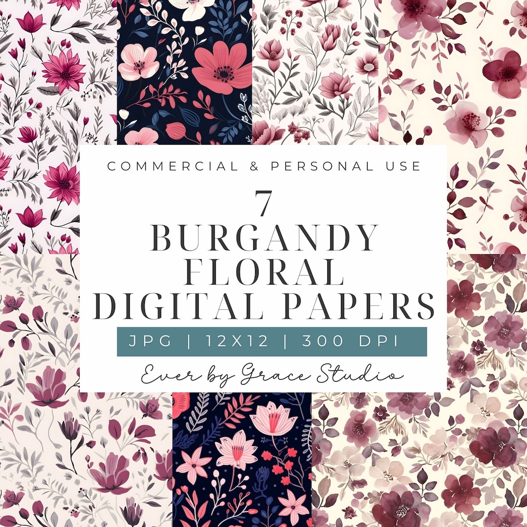 Burgundy Floral Digital Paper, Instant Download, Watercolor Scrapbook ...