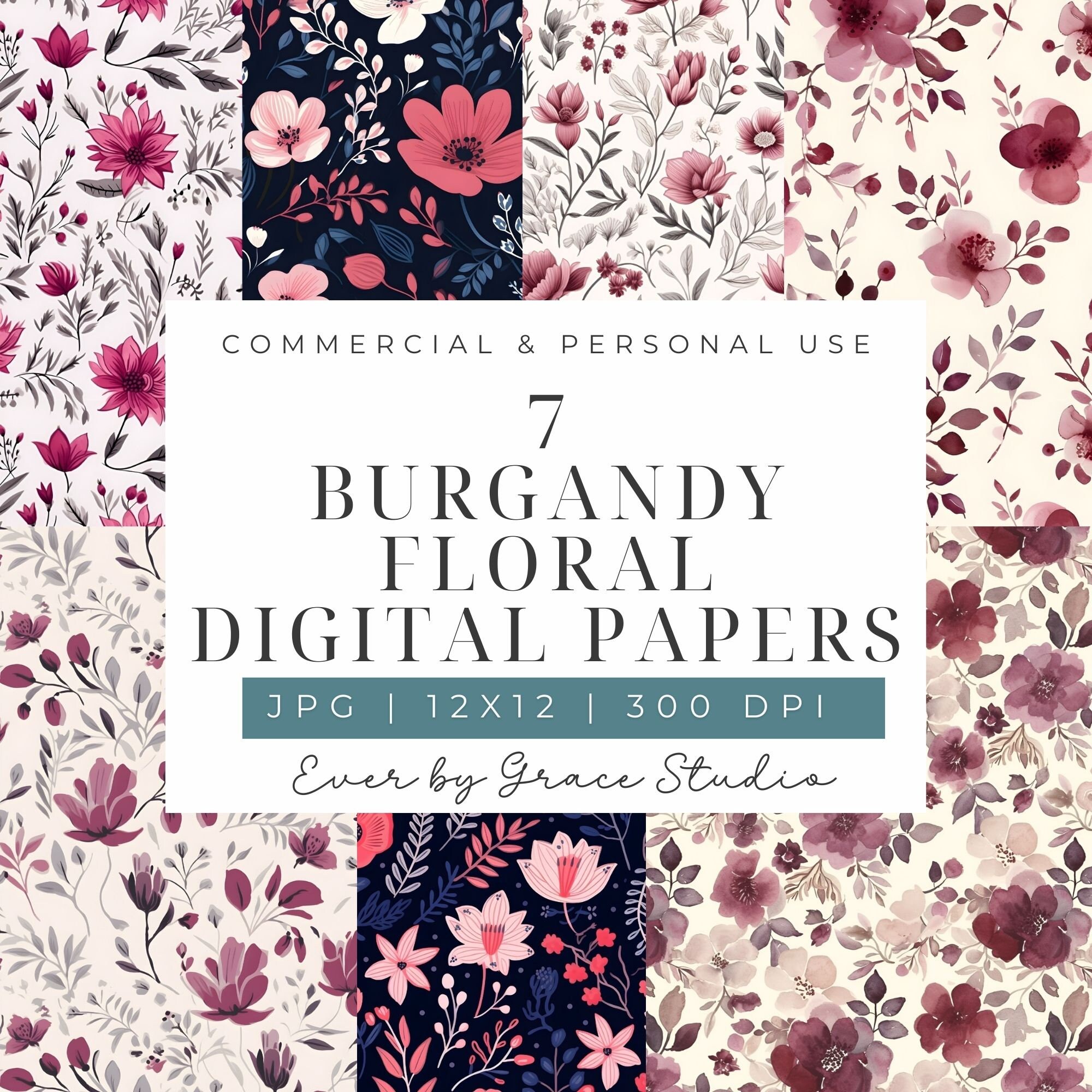 Burgundy Floral Digital Paper, Instant Download, Watercolor Scrapbook ...