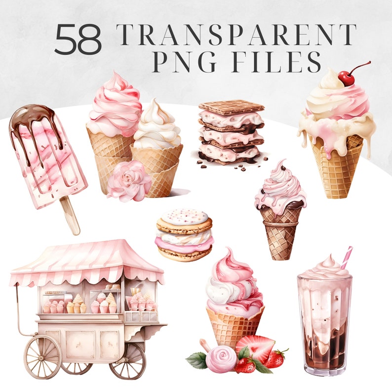 Pastel Watercolor Ice Cream Clipart Set, Cones, Sundaes, Ice Cream ...