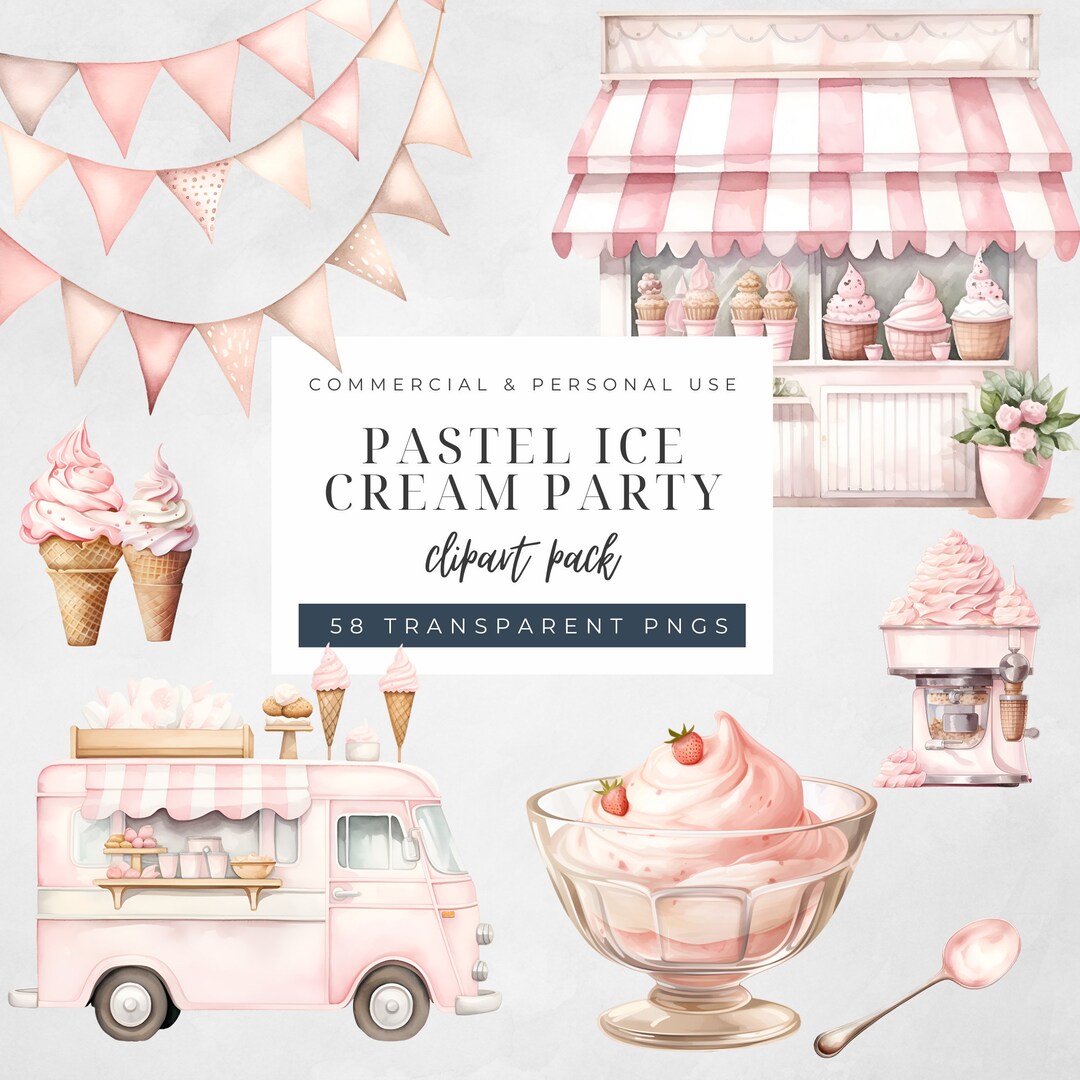 Pastel Watercolor Ice Cream Clipart Set, Cones, Sundaes, Ice Cream ...
