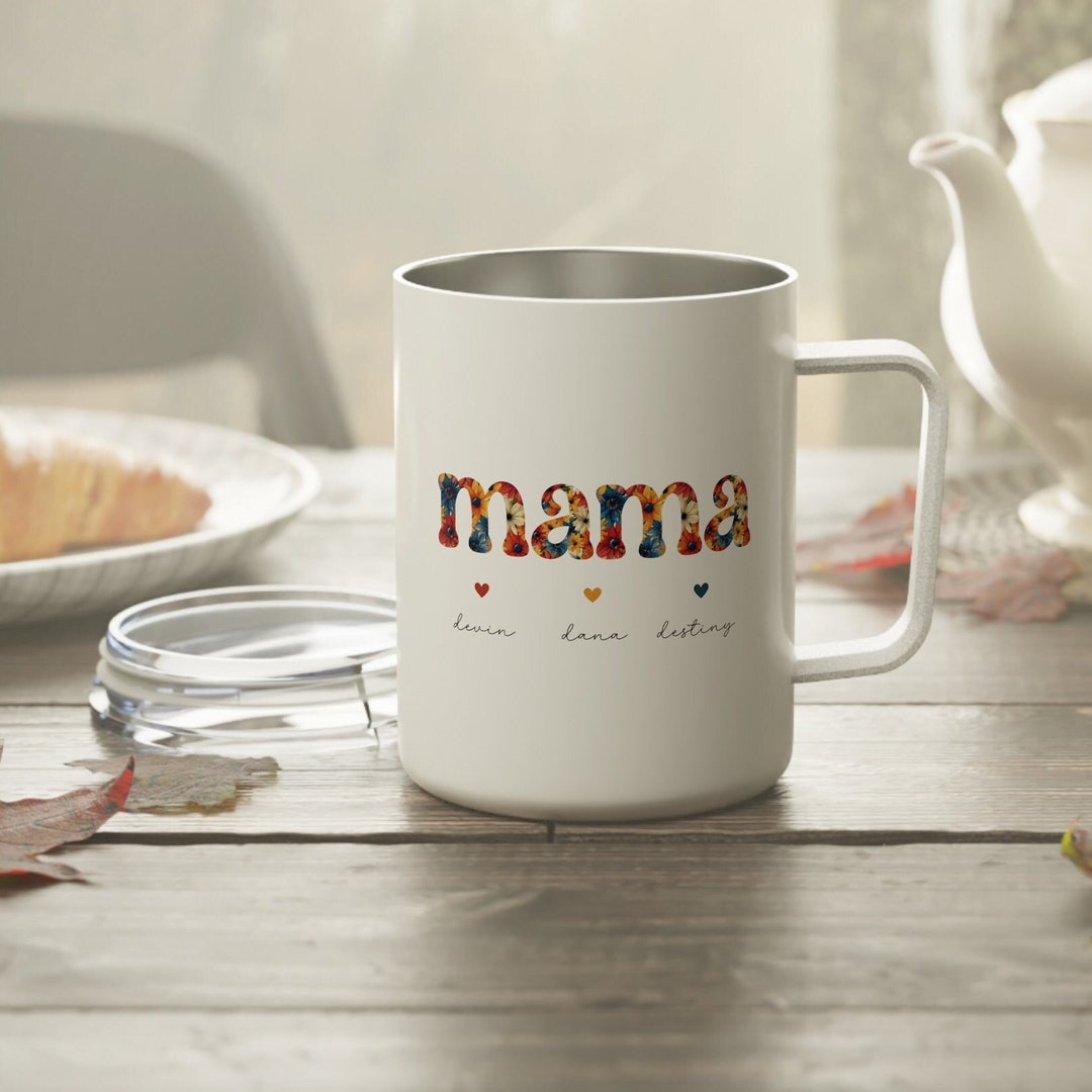 Customizable Insulated Mama Mug With Lid Personalized Floral Print Text ...